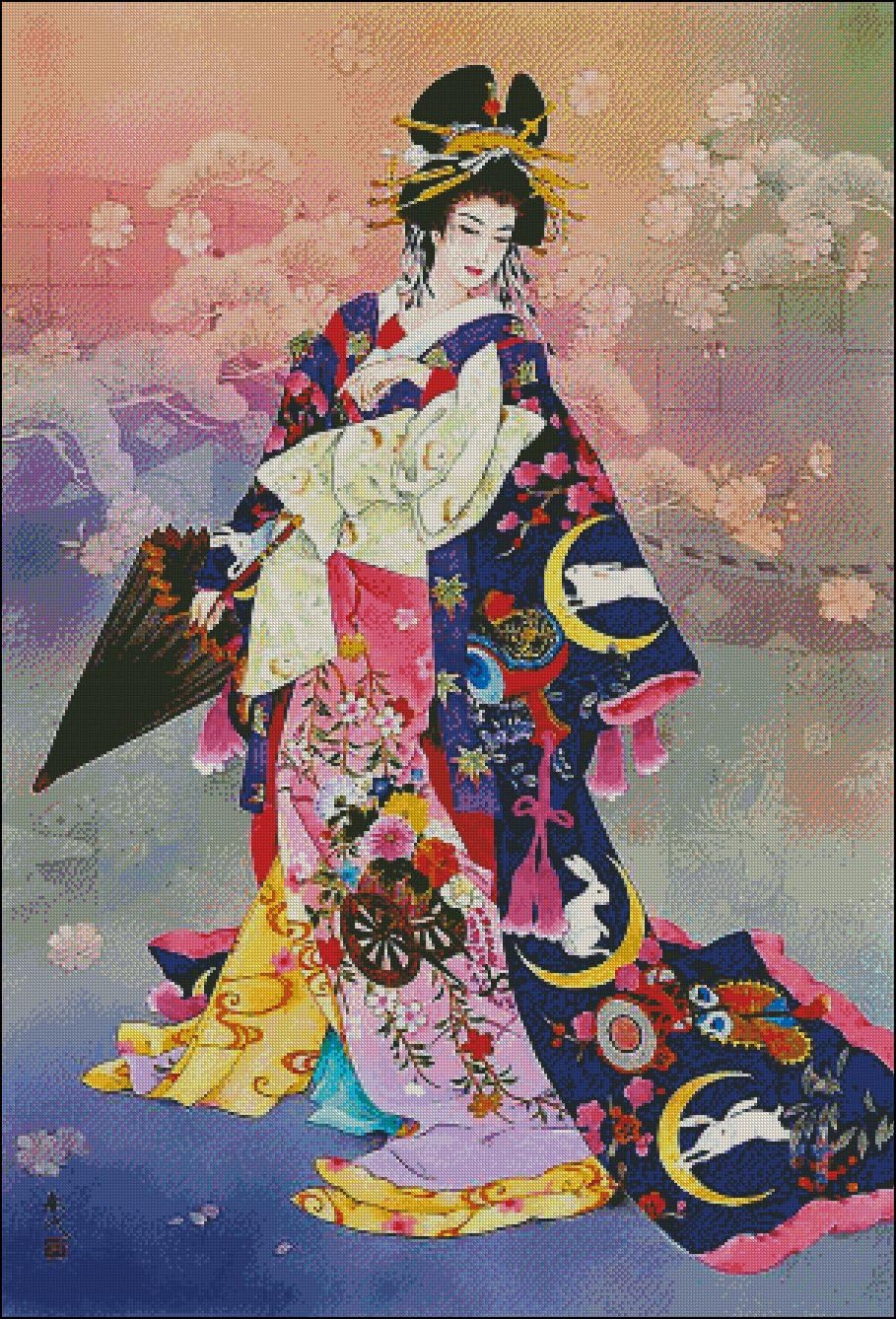 Amazon.com: Goldmilky Cross Stitch Kit Japanese Geisha with Rabbits 22 x 32