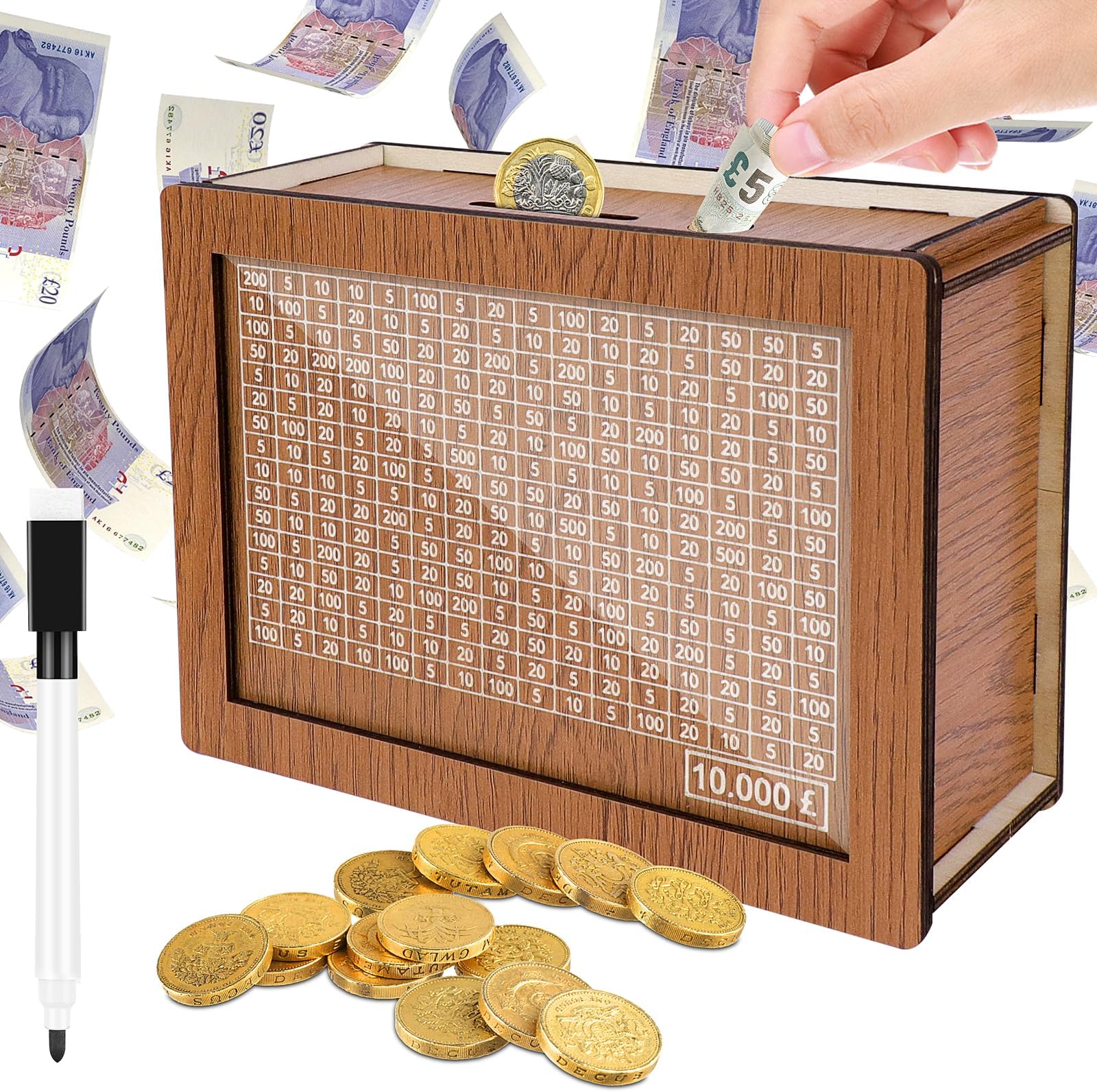 Wooden Money Box for Savings Challenge - 10000 Money Saving Box with ...
