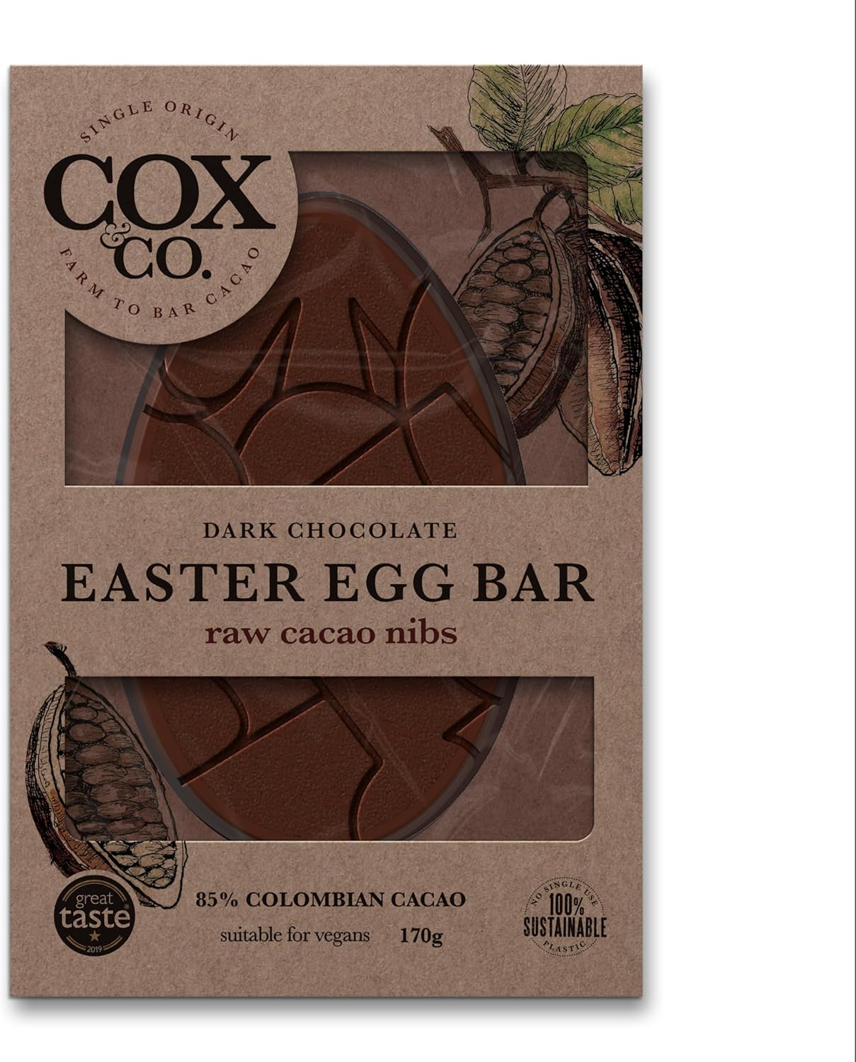 Cox&Co - Large Cacao Nibs Single Origin 85% Dark Chocolate Easter Egg Bar 140g - Easter Gift For ...