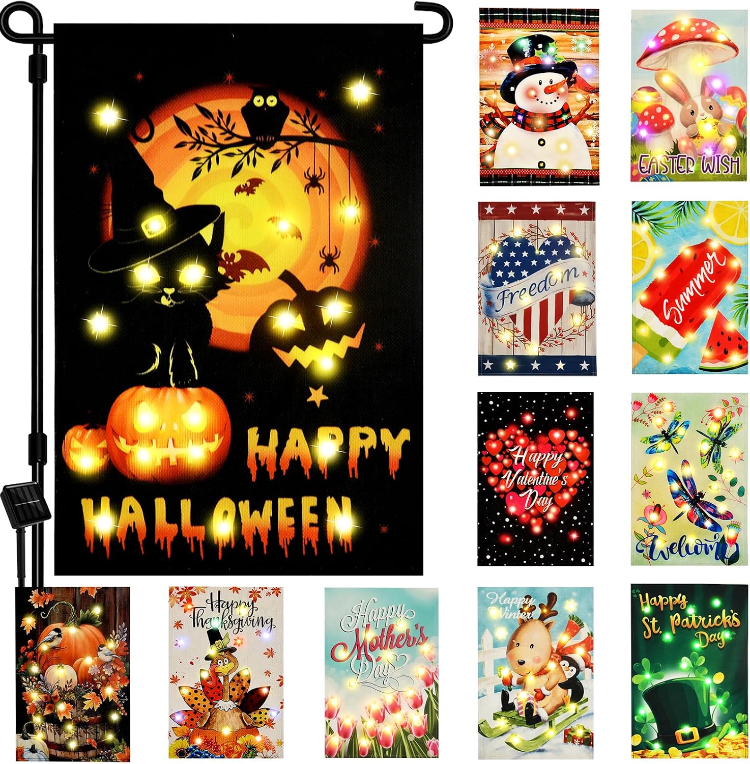 Amazon.com : Solar Seasonal Garden Flags Set of 12, Lighted 12×18 ...