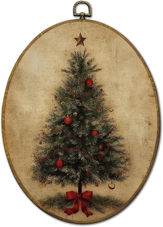 Amazon.com: QZQE Vintage Christmas Tree Oval Wall Art Decor Framed ...