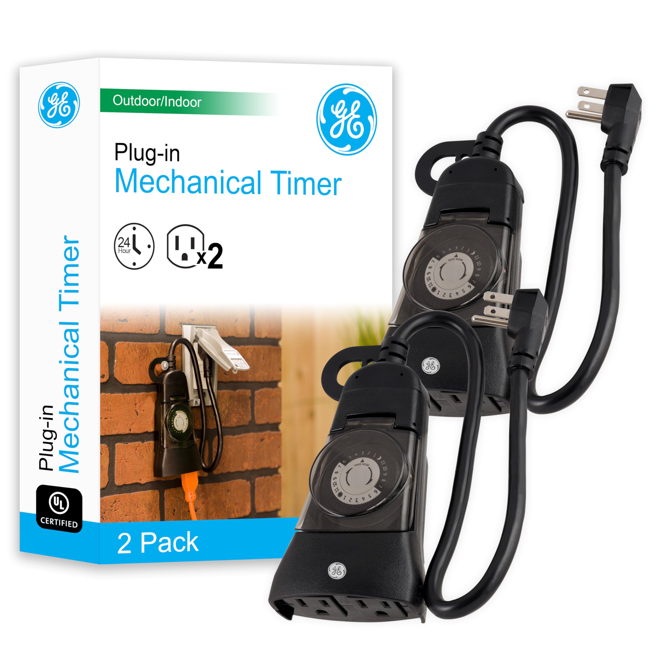 GE 24-Hour Indoor/Outdoor Programmable Mechanical Timer 2pk, Dual Plug-in, 2 Grounded Outlets ...