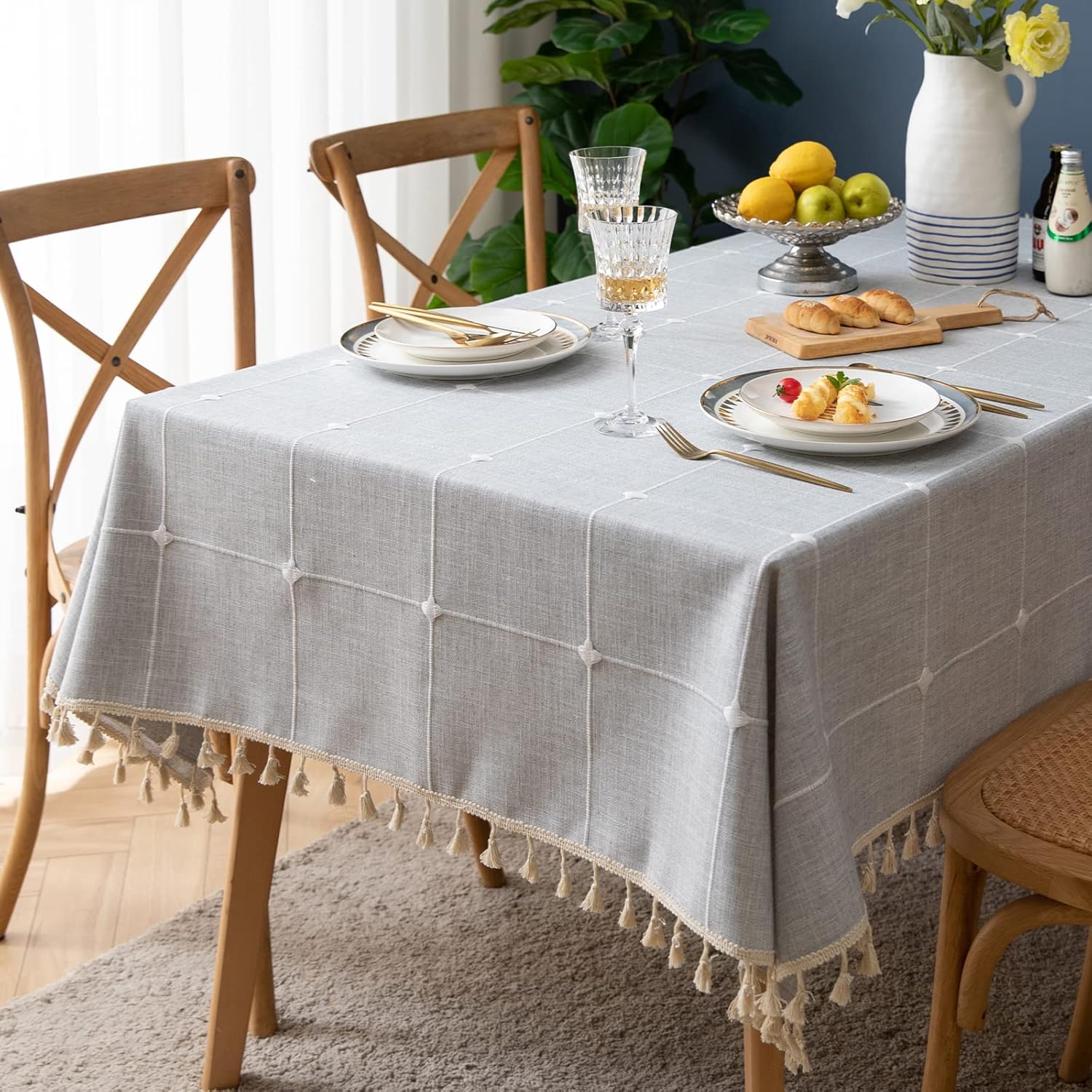 Amazon.com: Embroidered Square Tablecloth Checkered Rustic Wrinkle ...