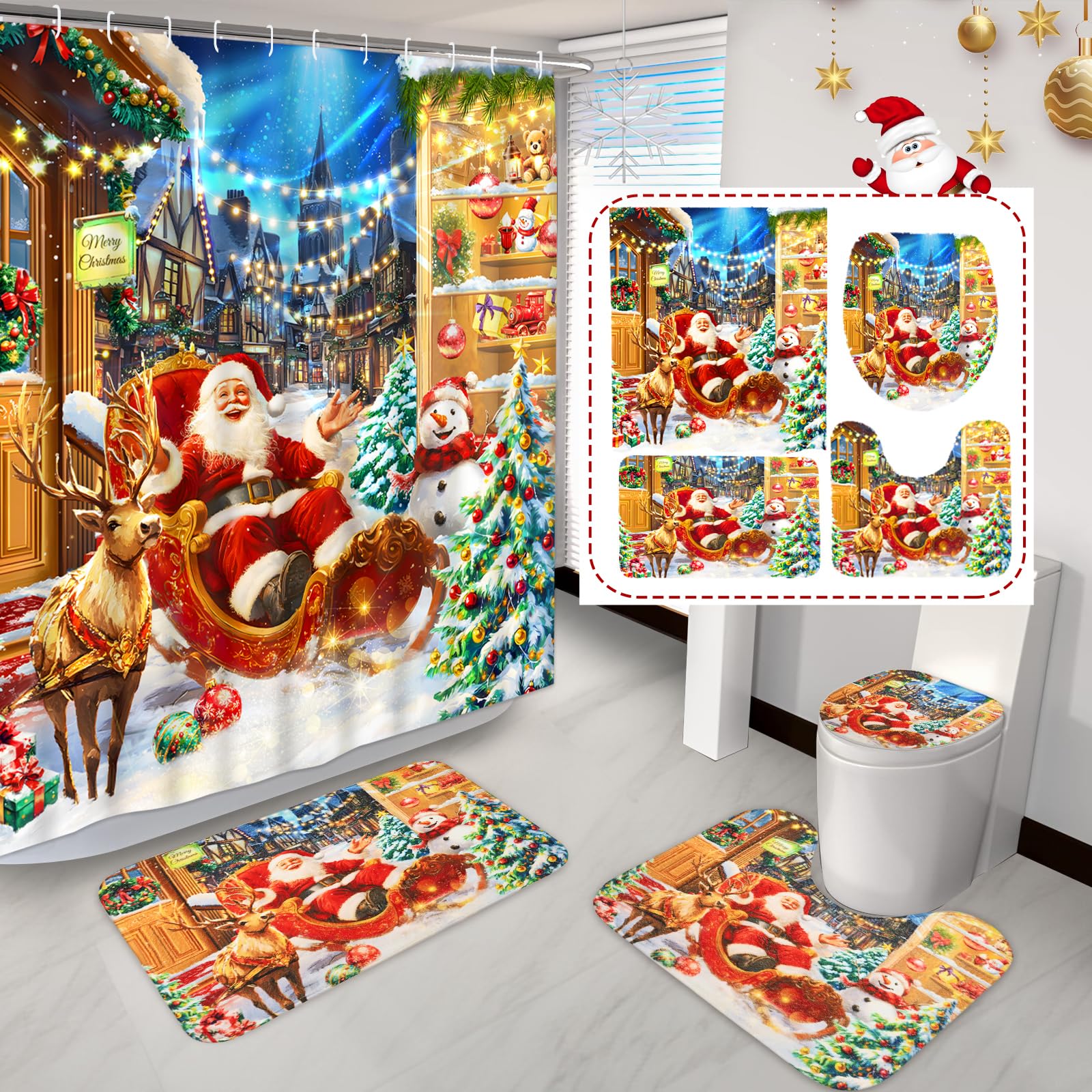 Amazon.com: Ikfashoni 4 Pcs Christmas Shower Curtains Set Santa Claus ...