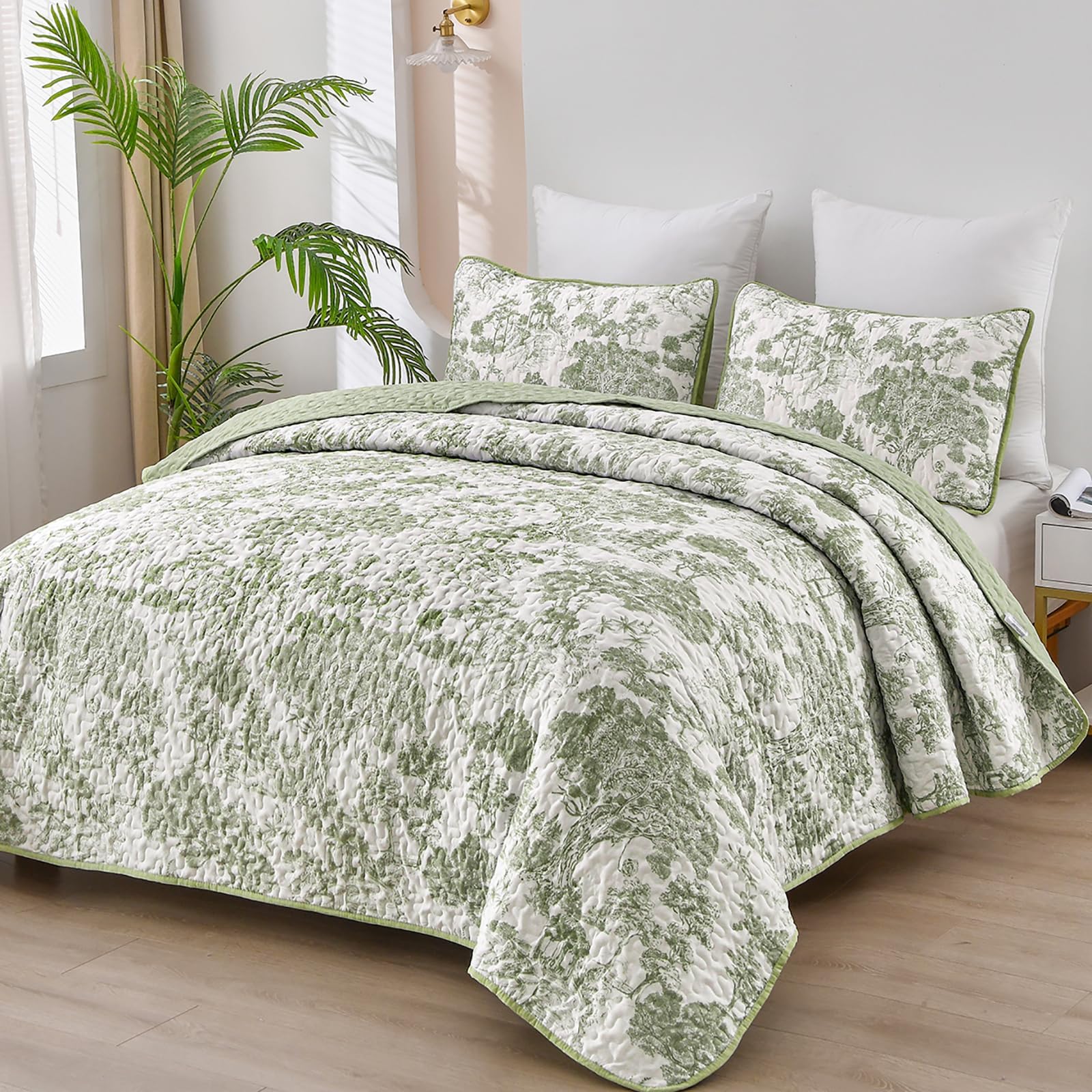 Amazon.com: WONGS BEDDING Botanical Quilt Set King, Sage Green 3 Pieces ...