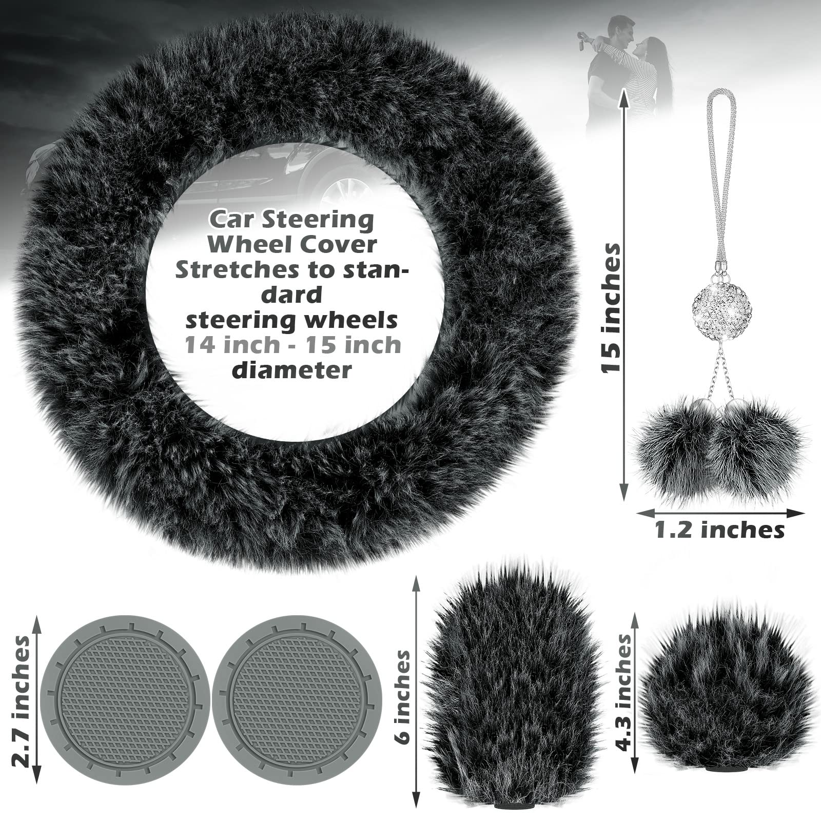 Frienda 6 Pieces Fluffy Car Accessories Set Fluffy Steering Wheel Cover ...