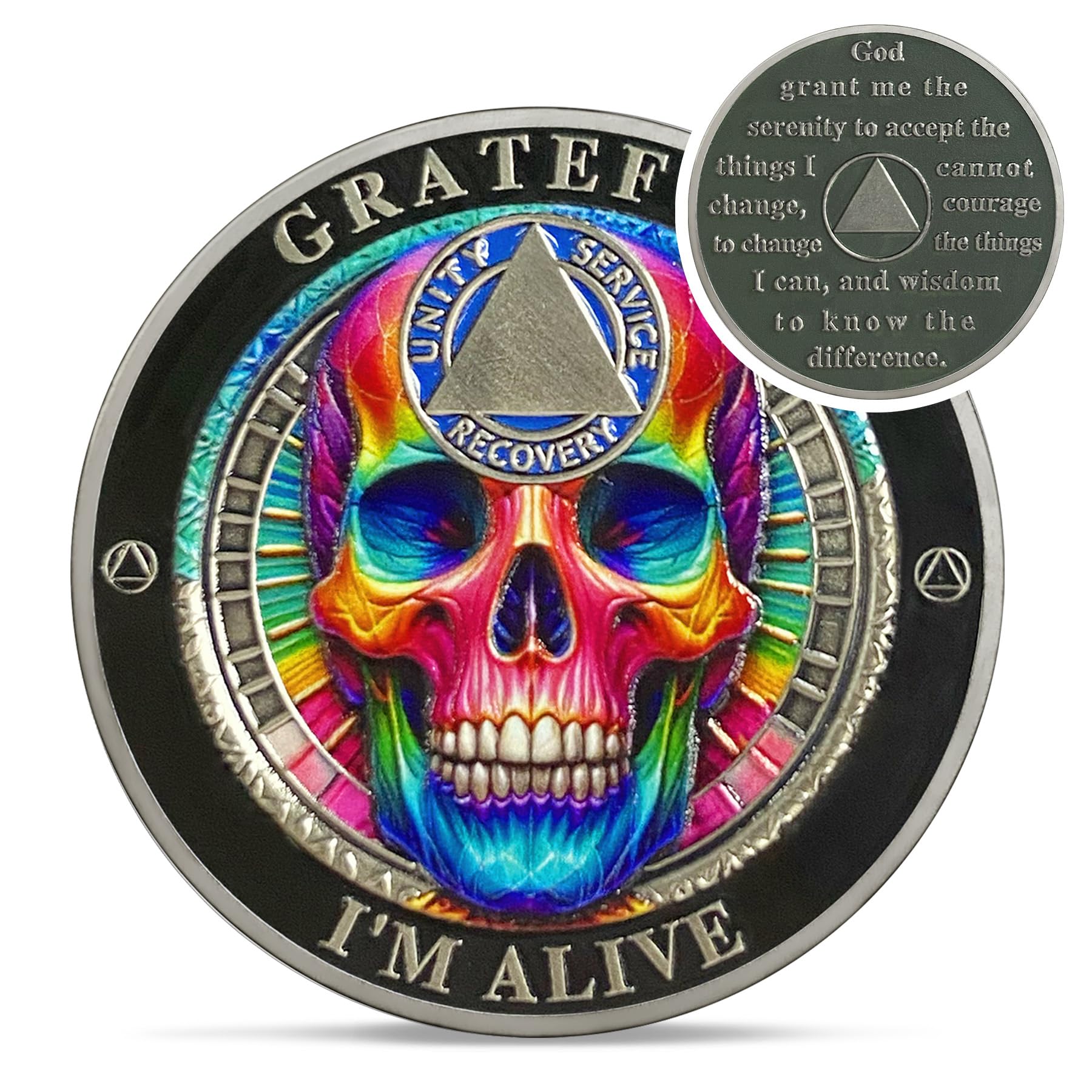 Amazon.com : Original Rainbow Skull Sobriety Coin - Grateful I'm Alive ...