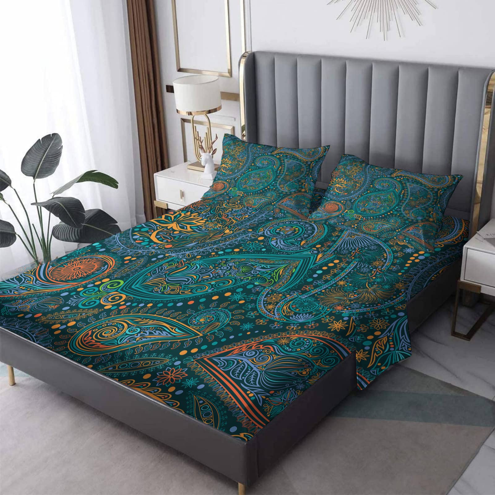 Amazon.com: zcwl Paisley Floral Sheets King Size, Bohemian Boho Bed ...