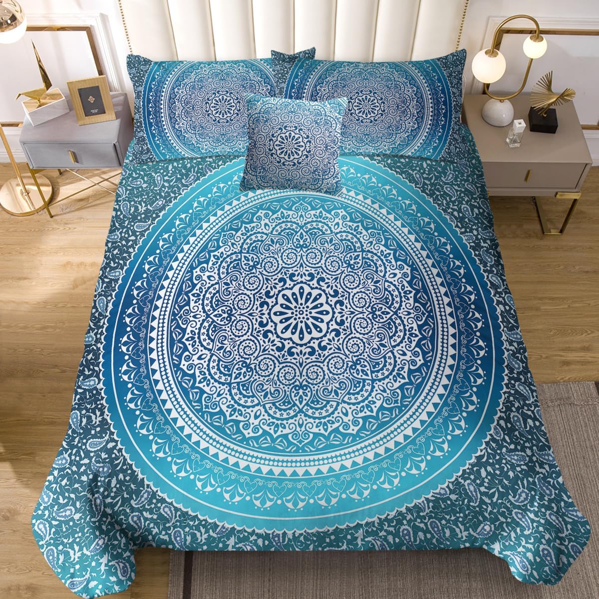 Amazon.com: Sleepwish 4pcs Teal Boho Duvet Cover Set Blue Mandala ...