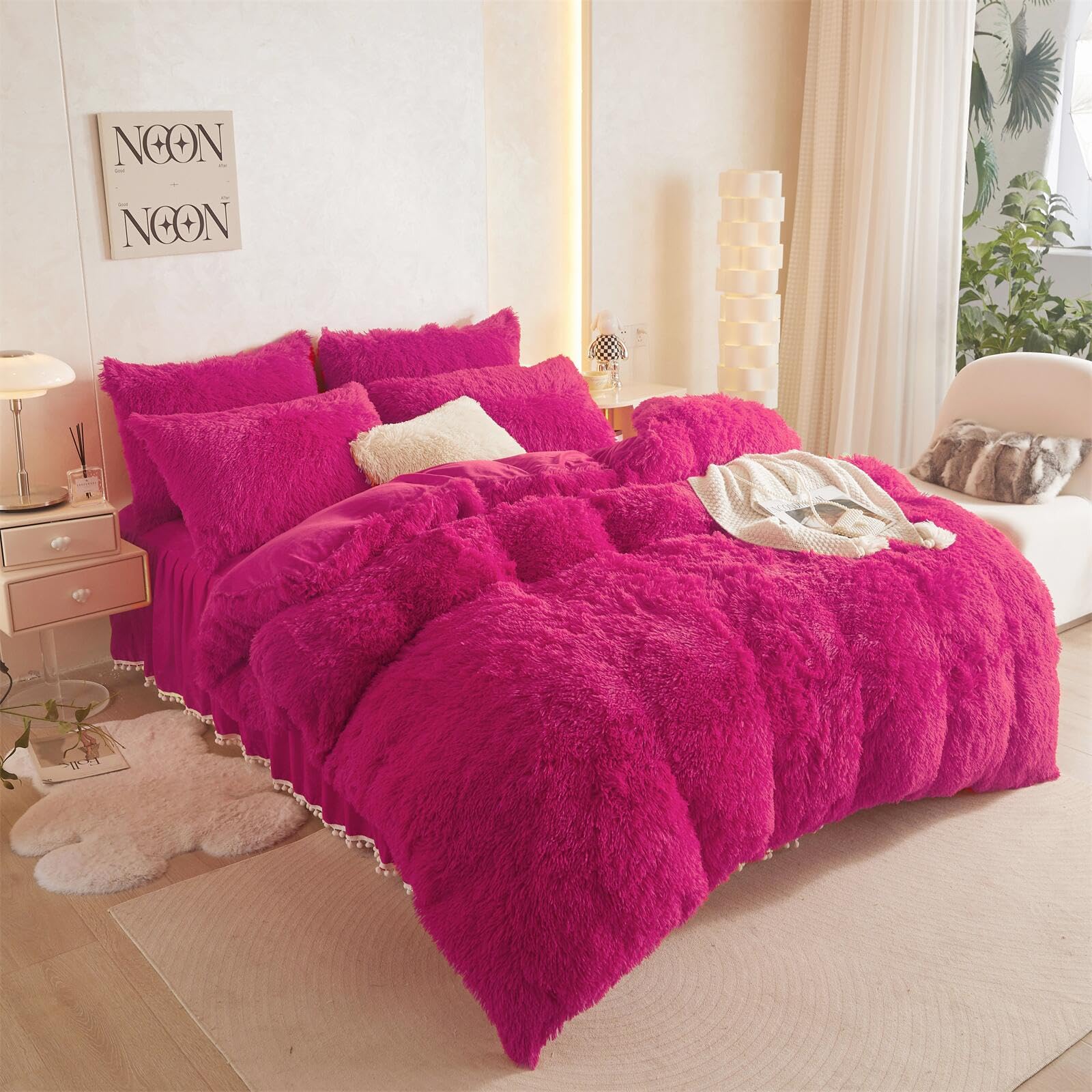 Amazon.com: Fluffy hot Pink Comforter Cover Queen Set，Faux Fur Pink ...