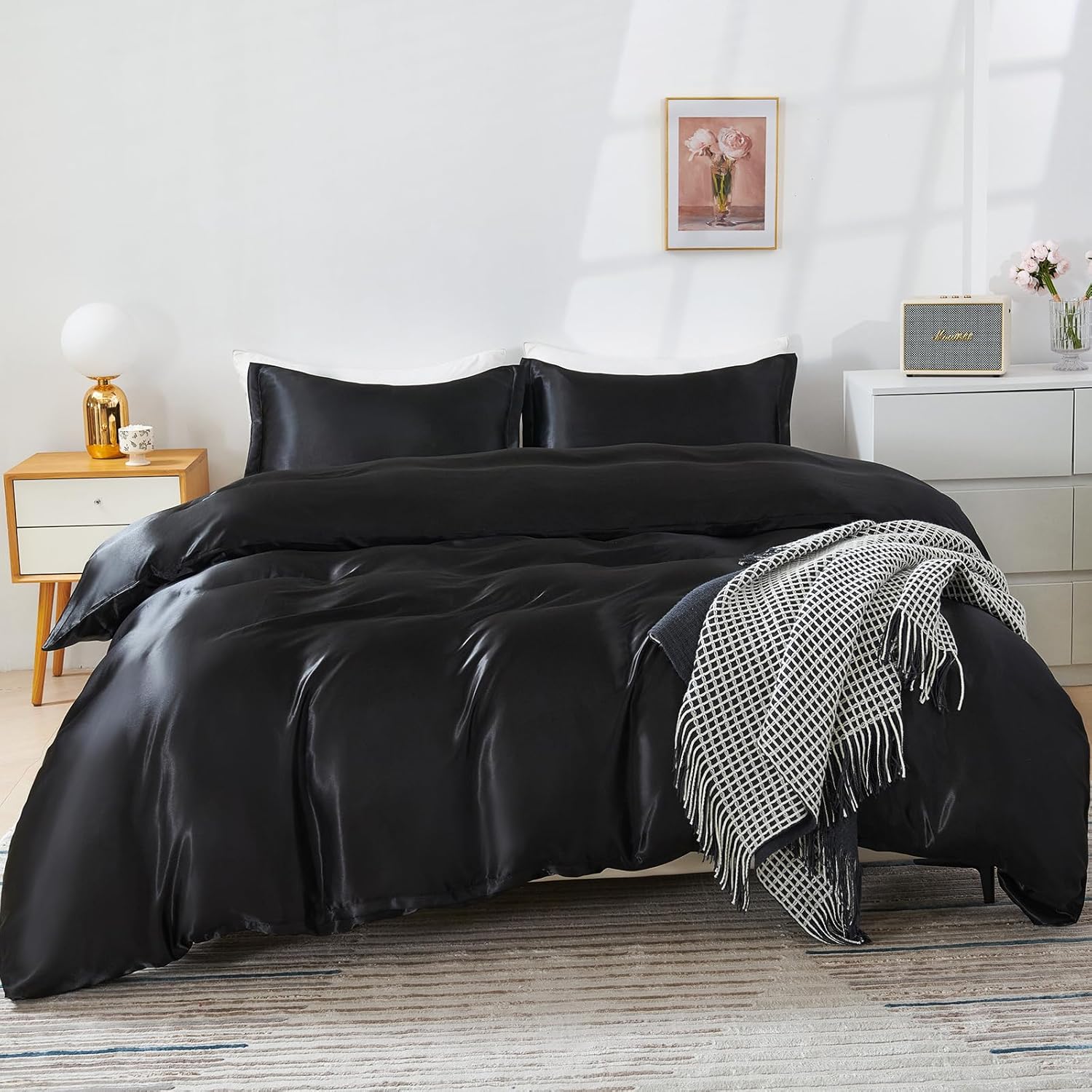 Amazon.com: HOdo Home Satin Duvet Cover Queen Size, 3PCS Silk Like ...