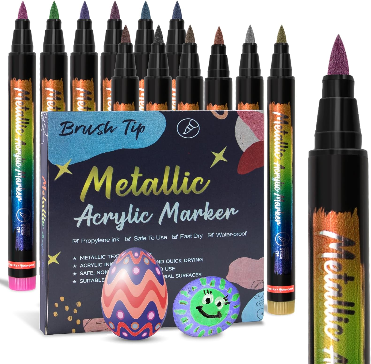 Metallic Pens Acrylic Paint Markers : 12 Colours Acrylic Pens for Rock ...