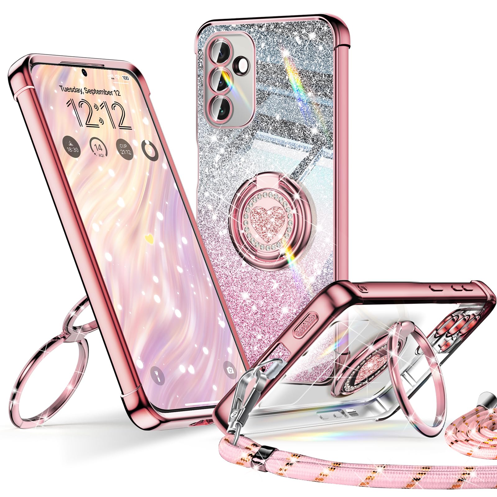 XYZ für Samsung Galaxy A55 5G Hülle mit Band, Herzen Doppelring Ständer Luxus Glitzer HandyHülle ...