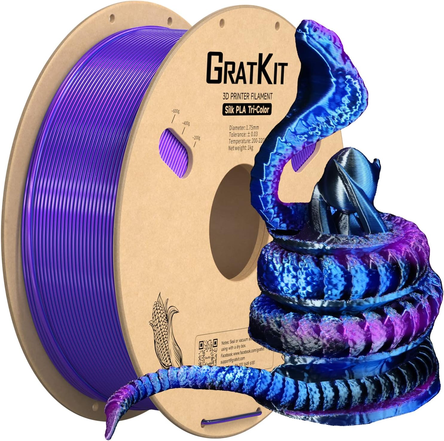 Gratkit Silk Tri-Color PLA Filament，Coextrusion PLA Filament 1.75mm ...