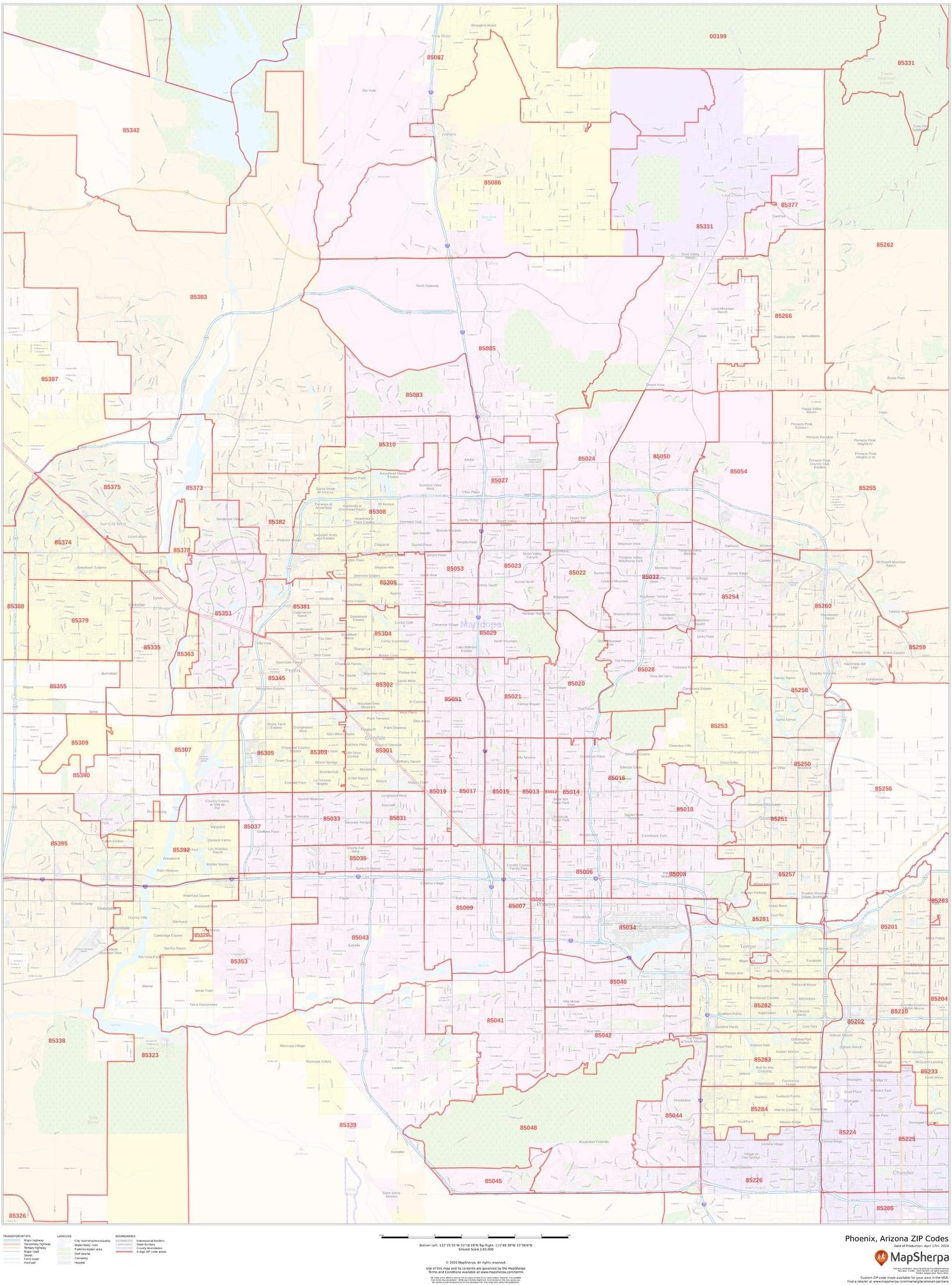 Amazon.com : Phoenix, Arizona Zip Codes - 36" x 48" Paper Wall Map ...