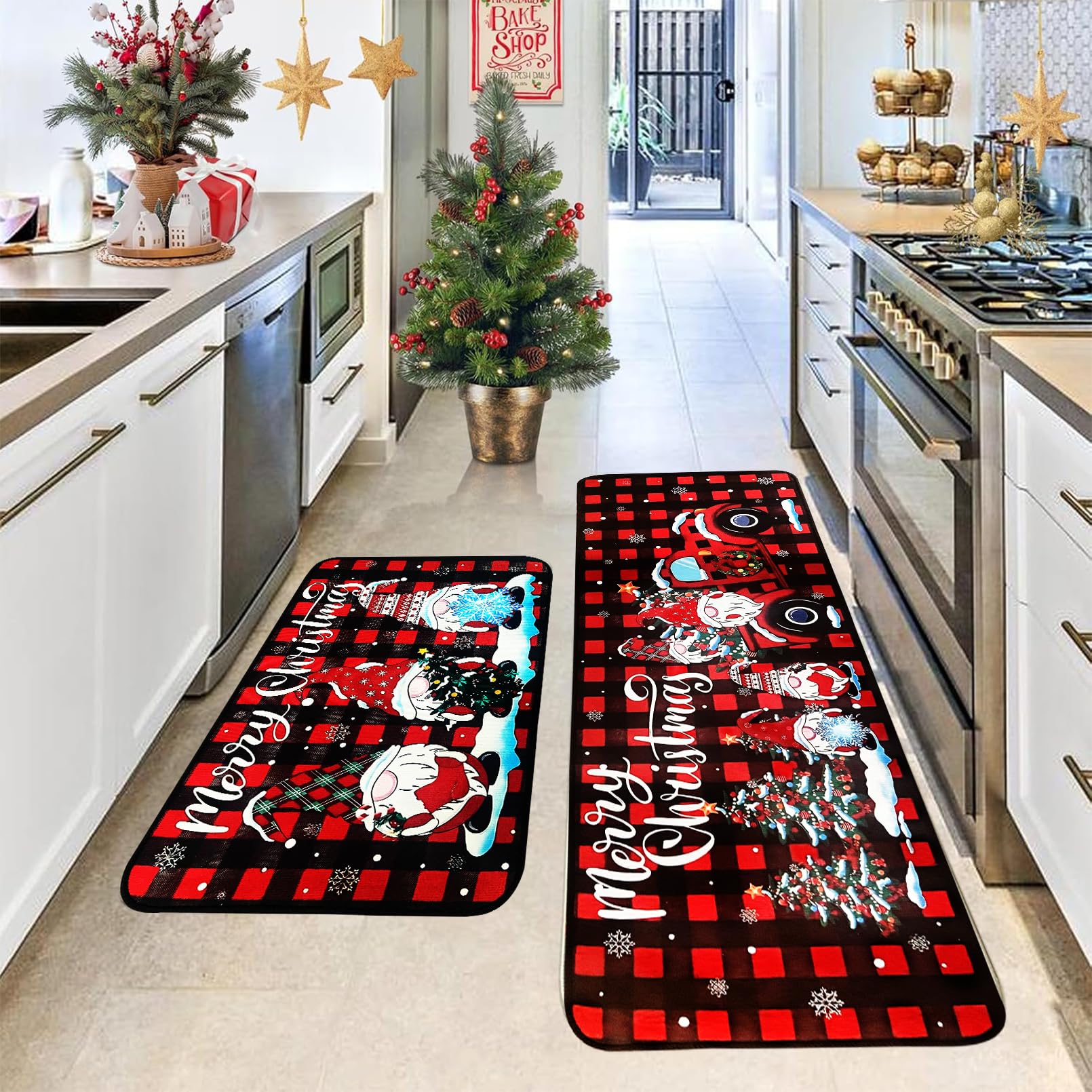 Amazon.com: Christmas Kitchen Rugs and Mats Set of 2, Christmas Tree ...