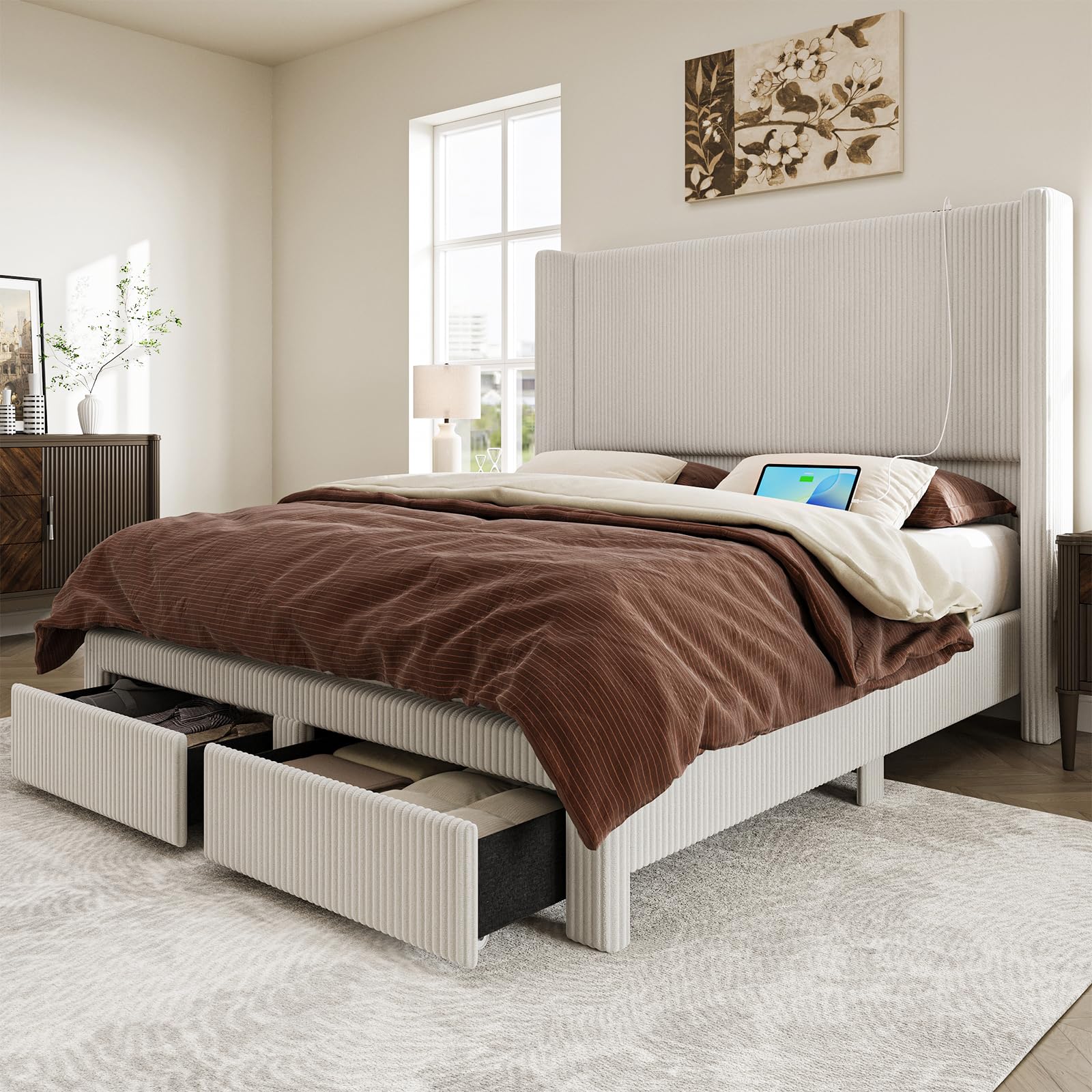 Amazon.com: CIKUNASI Queen Bed Frame with Headboard and Storage Drawers ...