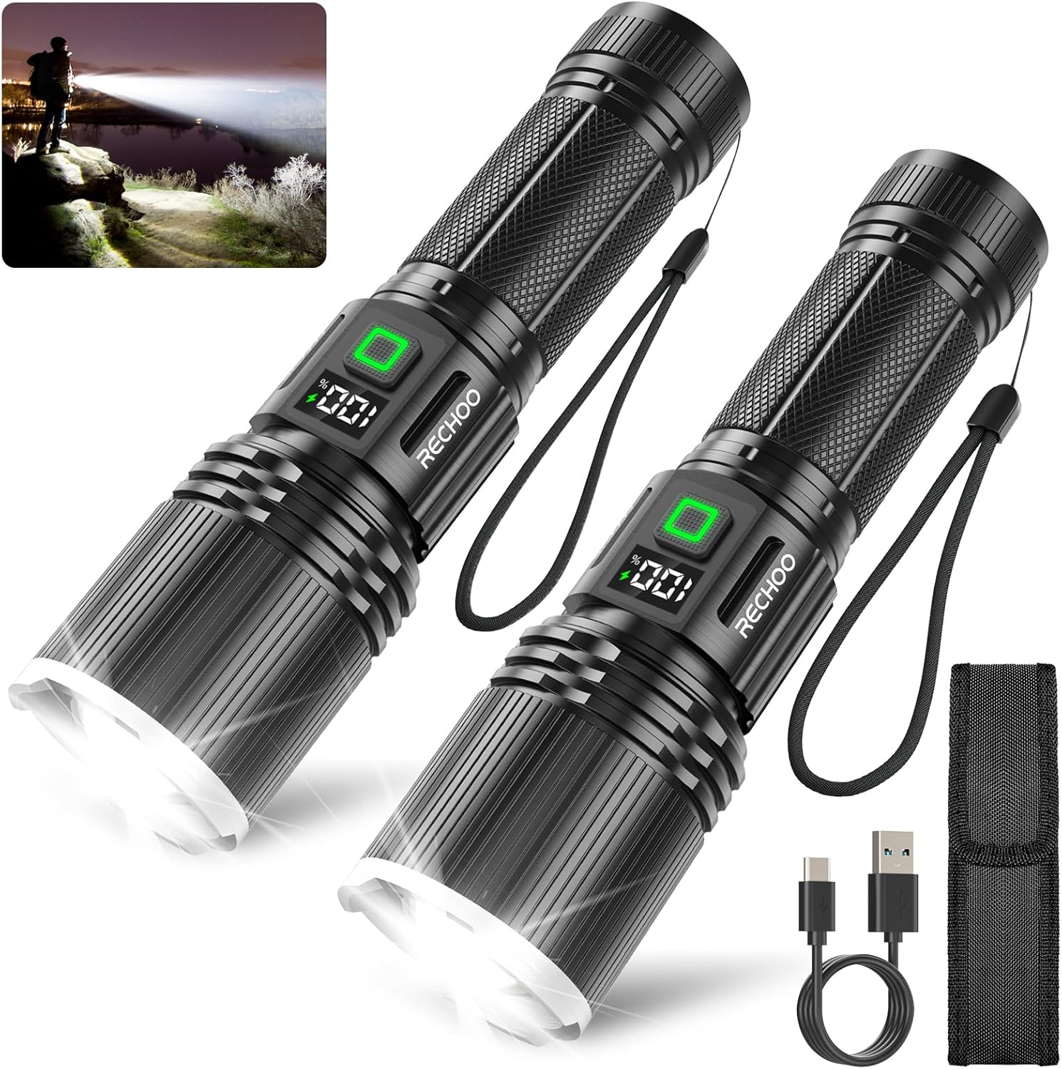 RECHOO Rechargeable Flashlights High Lumens, 1,000 Lumens 2 Pack ...