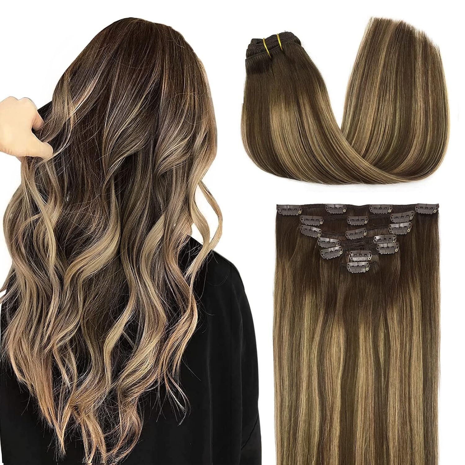 Amazon.com : DOORES Hair Extensions Clip in Human Hair, Balayage ...