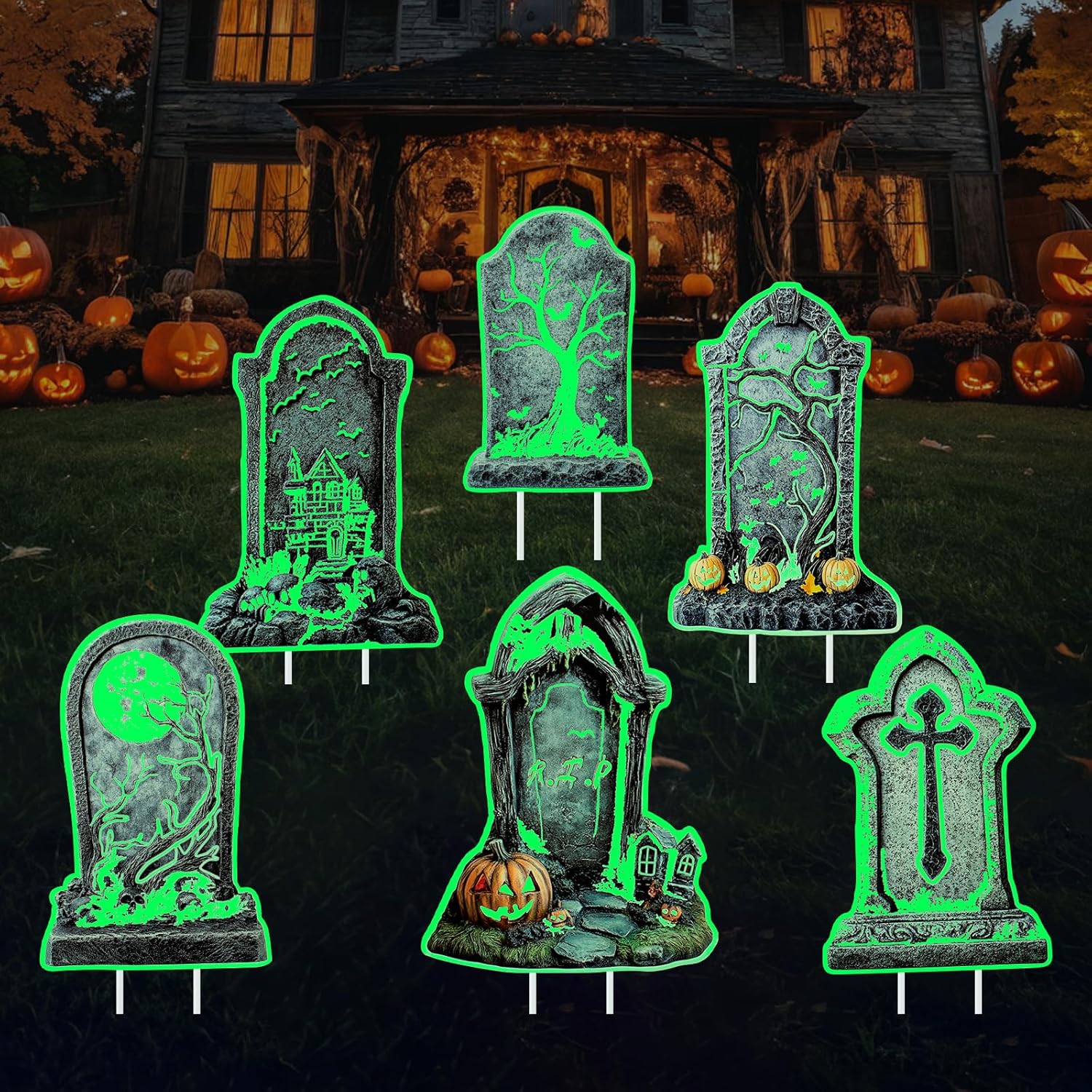 Amazon.com : Halloween Tombstone Decorations Outdoor, 6PCS 14" Glow in ...