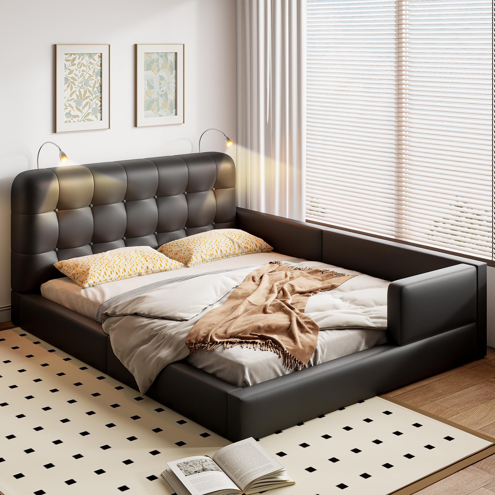 Amazon.com: Merax Modern Tufted Plattform Bed with Headboard, Queen PU ...