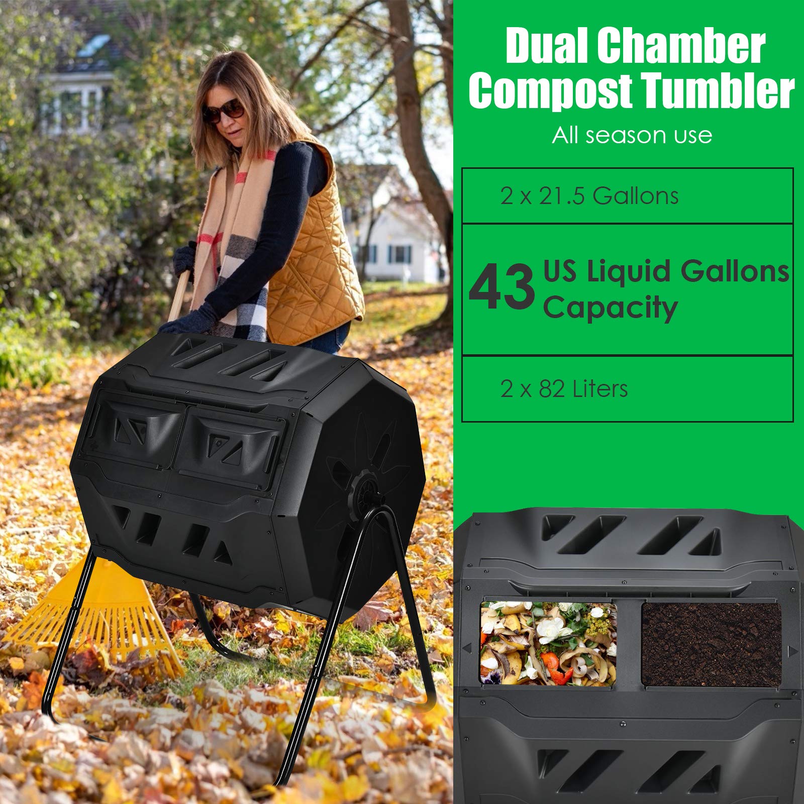 Food Waste Bin Dual Chamber Compost Tumbler – 34.5 Gallon, 2 Rotating ...