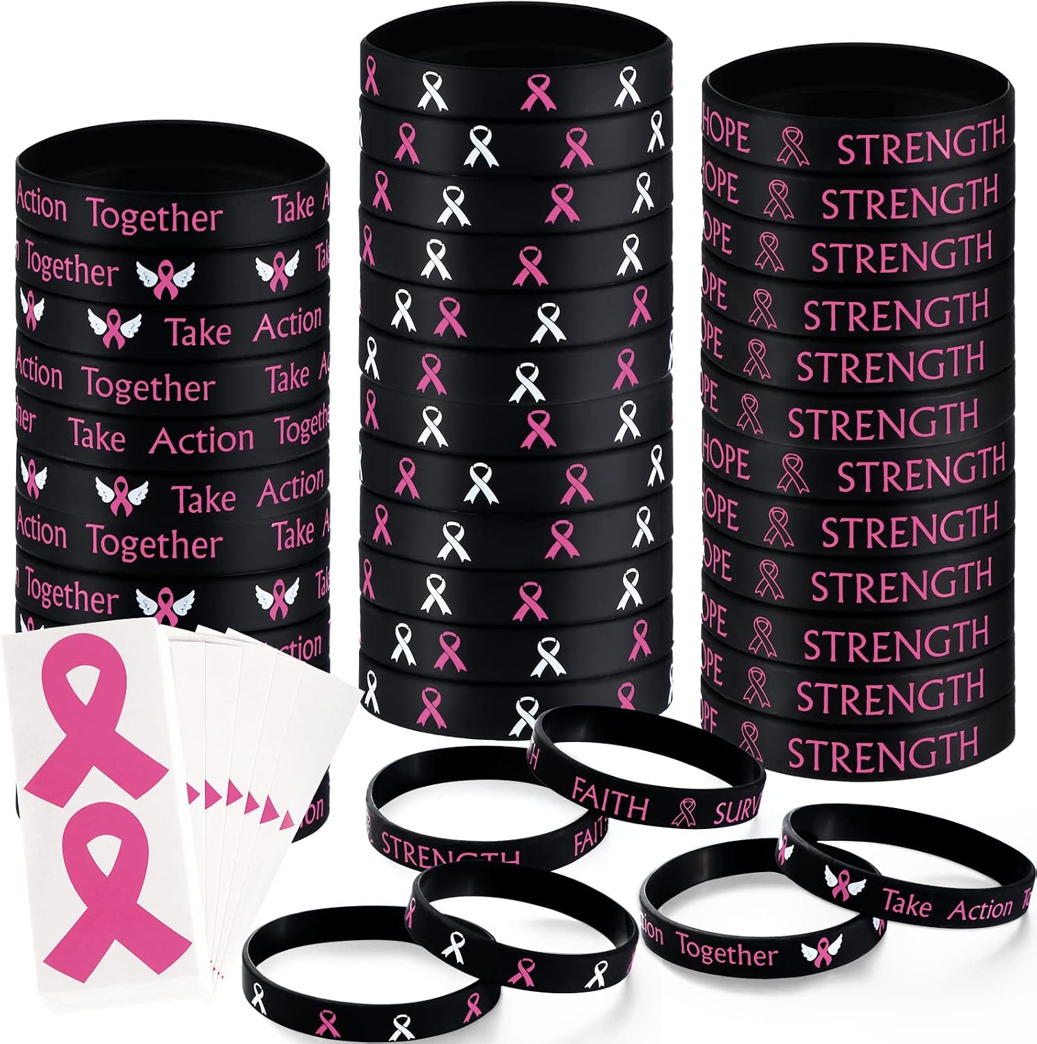 Amazon.com: 96 Pieces Breast Cancer Awareness Bracelets Pink Ribbon ...