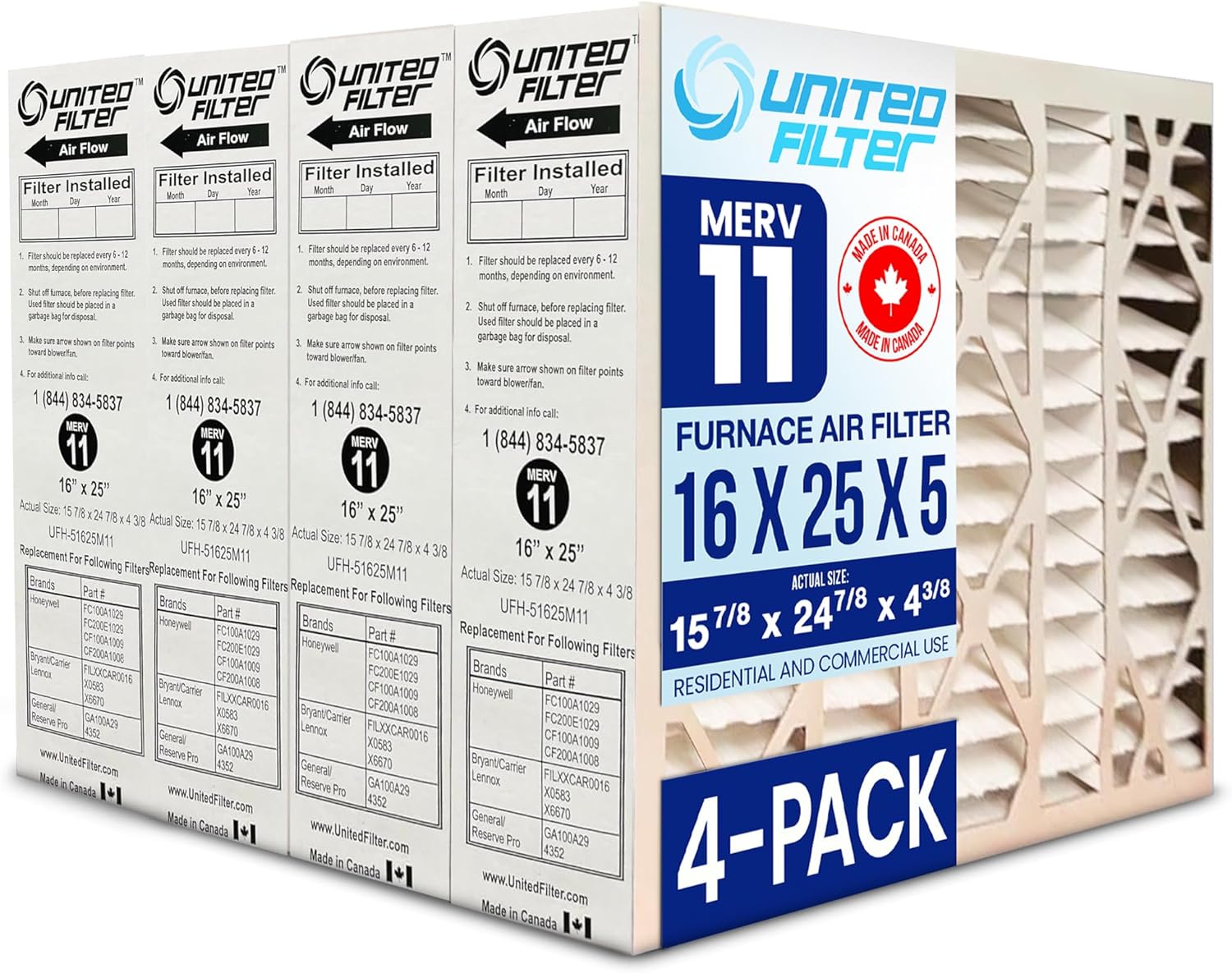 United Filter 16x25x5 MERV 11 Furnace Filter (4 Pack) - Pleated HVAC AC ...