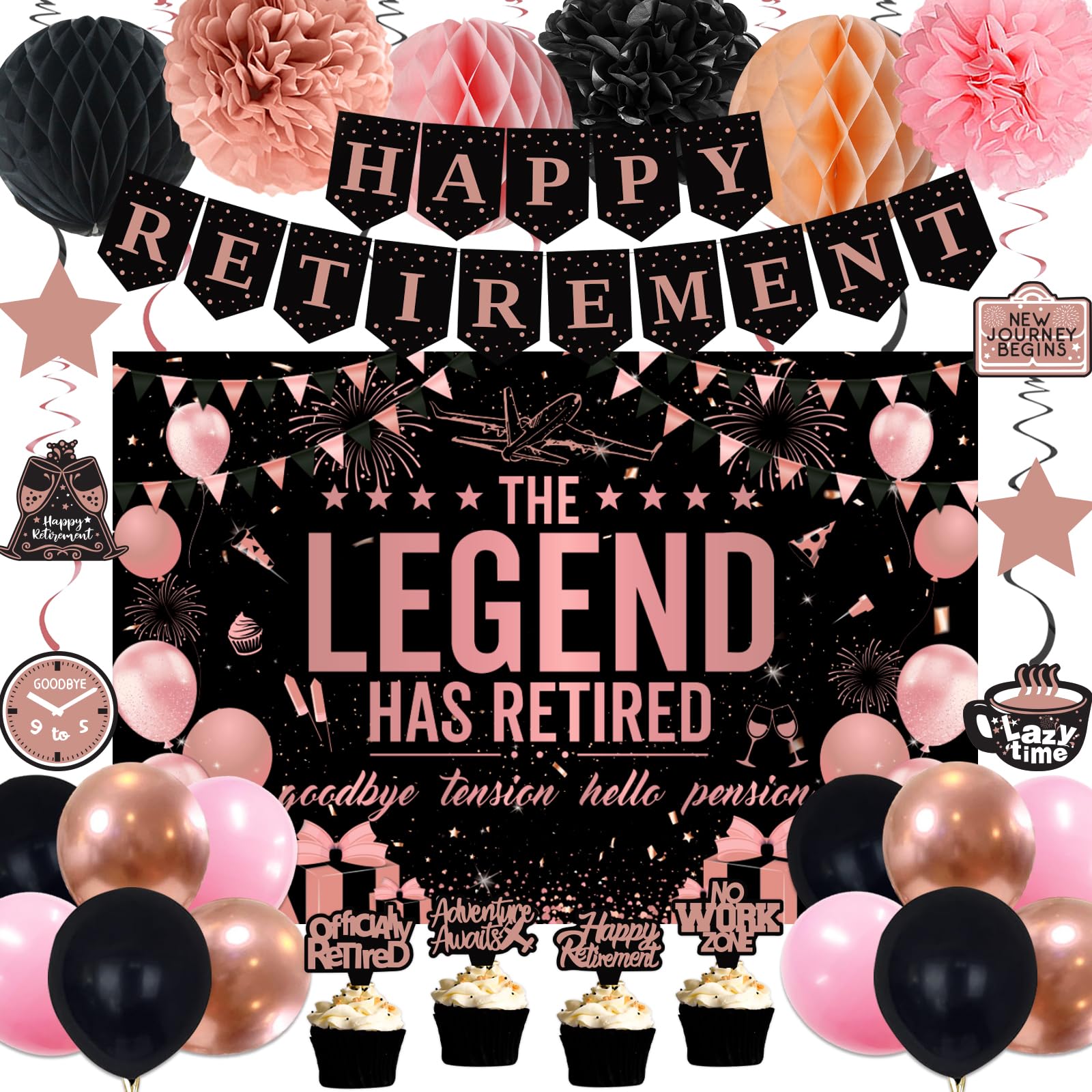 Amazon.com: Retirement Party Decorations Women, Rose Gold Black Happy ...