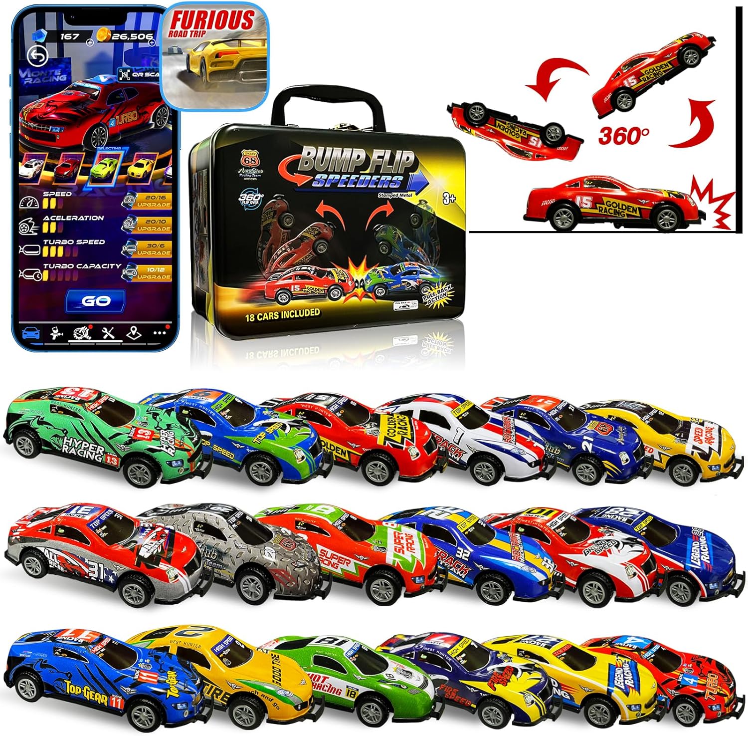 Amazon.com: Golden Wheel 18 Stunt Pull Back Cars Toys Pack - Jumping ...