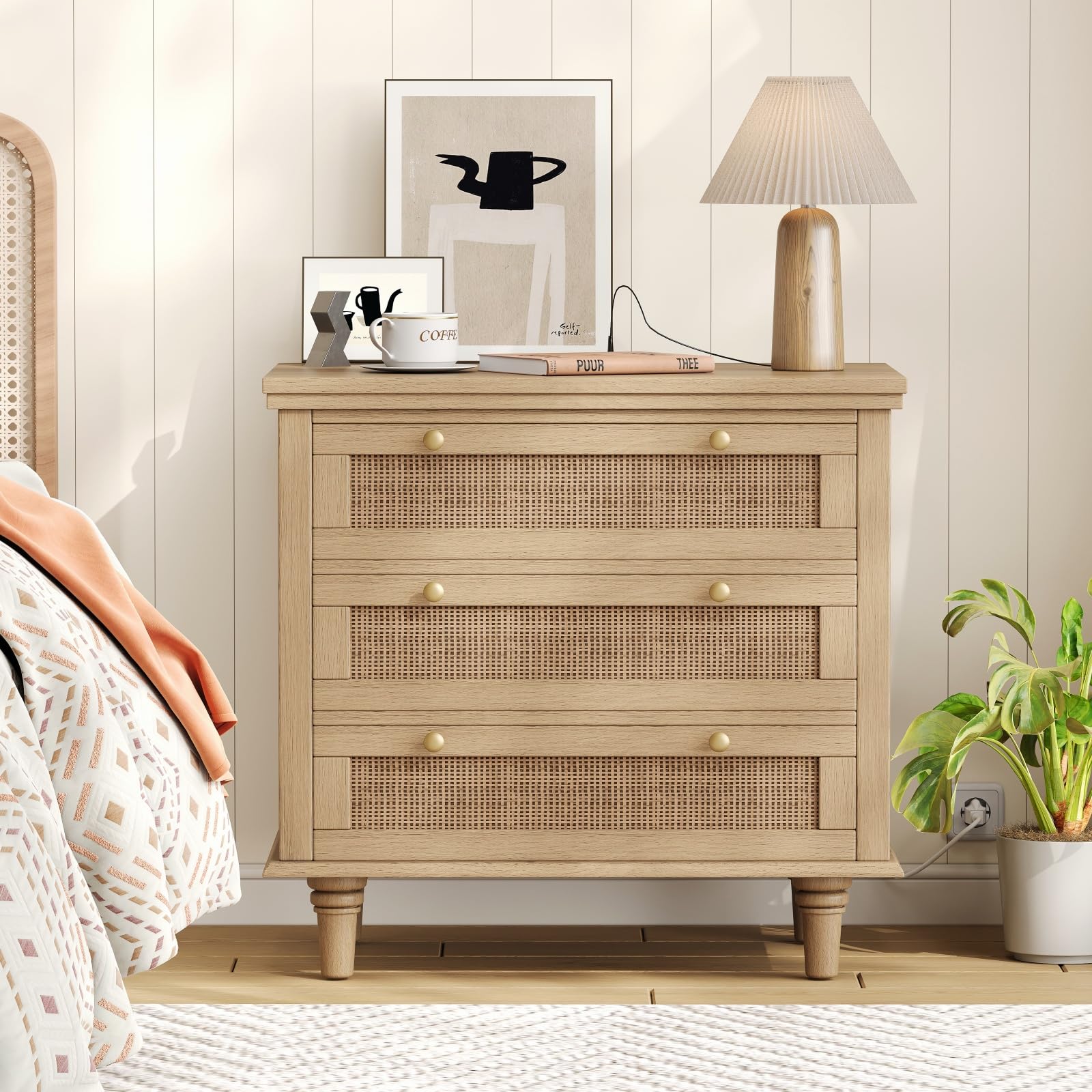 Amazon.com: Irontar Rattan Nightstand with Charging Station, Night ...