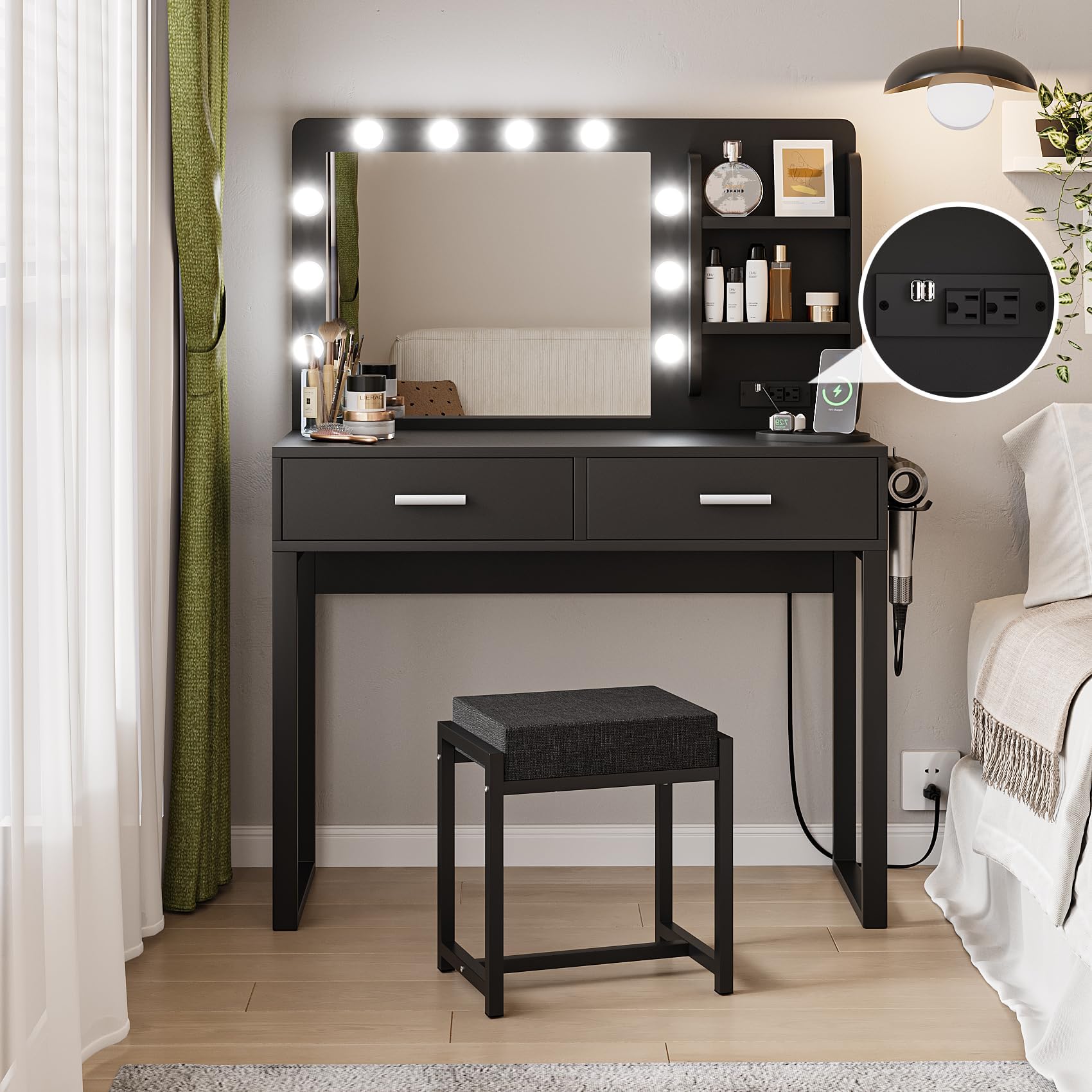 Amazon.com: RAAMZO Vanity Table Set with Mirror, USB and Power Outlet ...