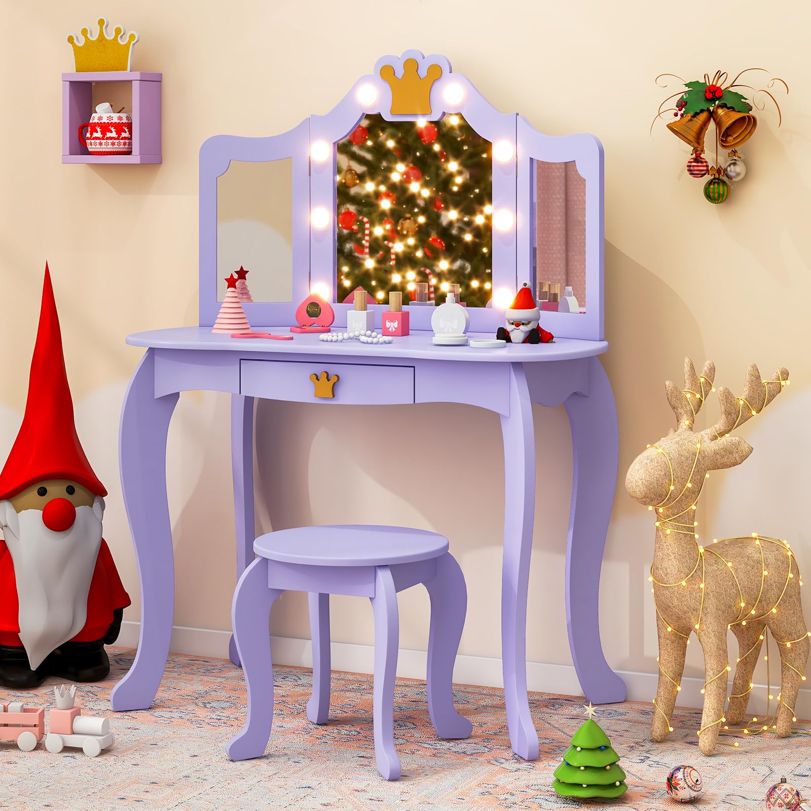 Amazon.com: Costzon Kids Vanity with Lights, Girls Vanity Set with ...