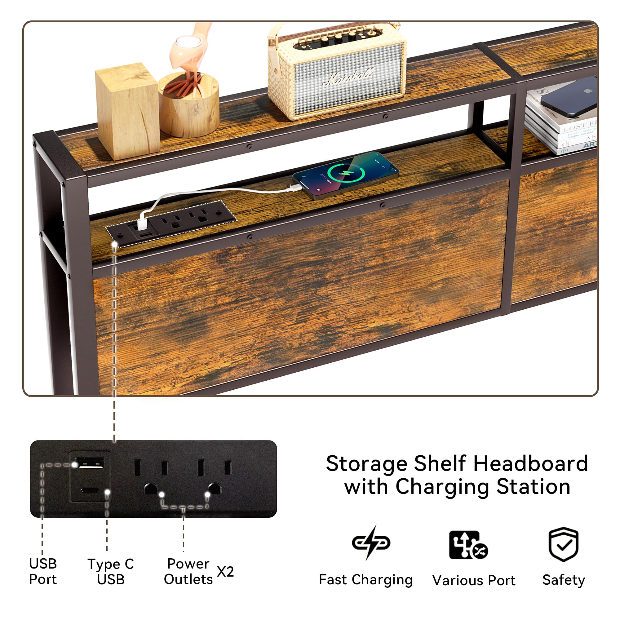 Herture Queen Size Storage Headboard, Headboard with 2 Outlets and USB ...