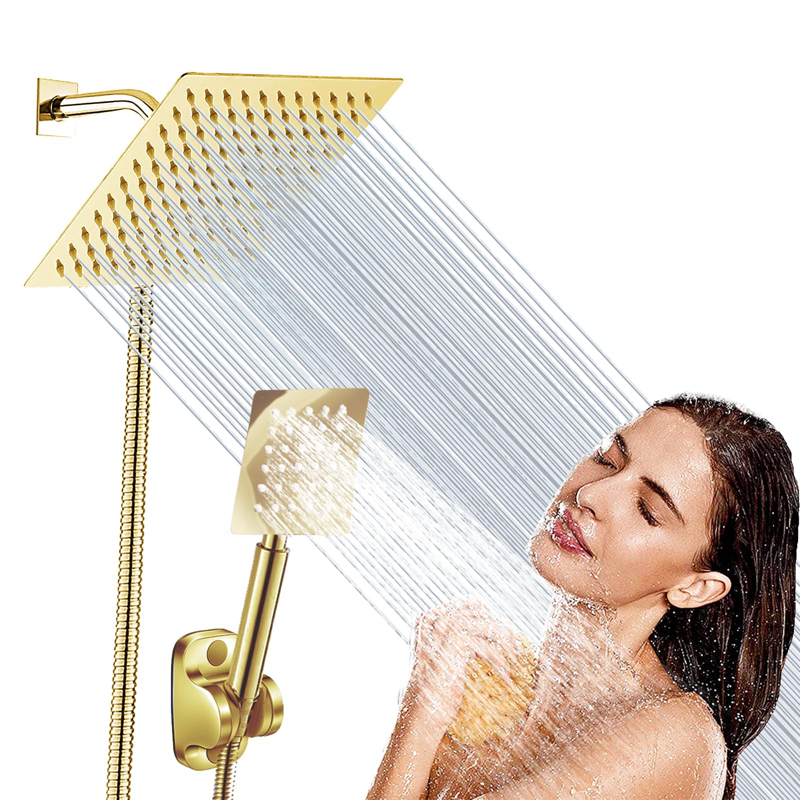 High Pressure Square Rain 6'' Gold Shower Head Combo, Equipped with all ...