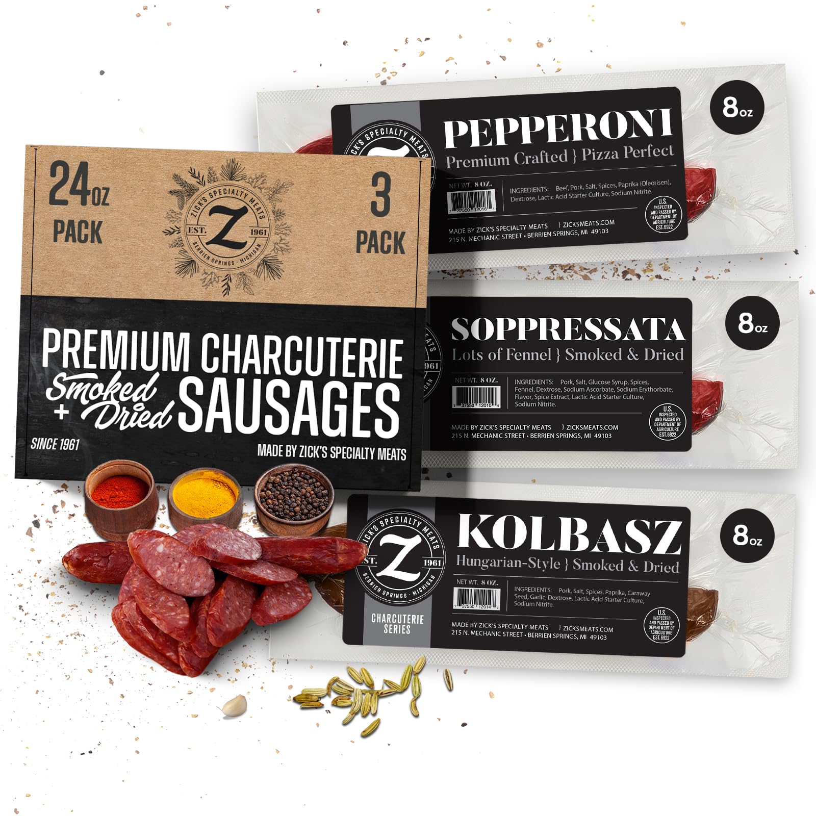 Amazon.com: Zick’s Charcuterie Smoked Sausage (3-Pack) | Soppressata ...