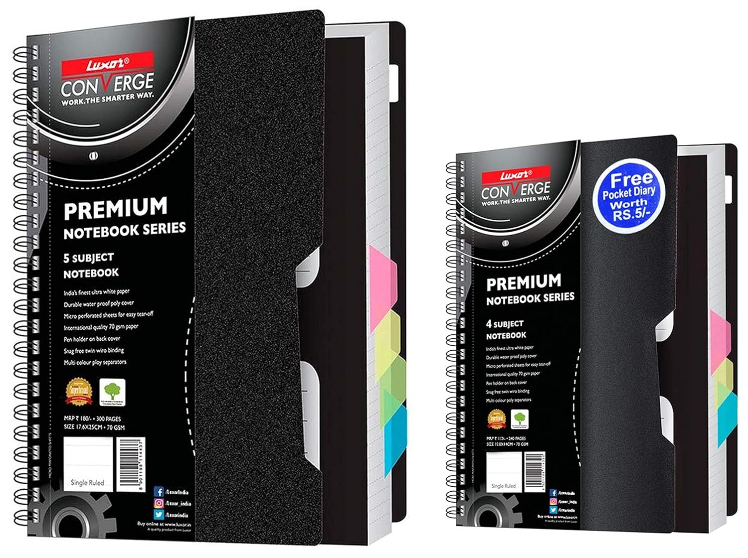 Luxor 5 Subject Single Ruled Notebook - B5, 70 GSM, 300 pages Subject 4 ...