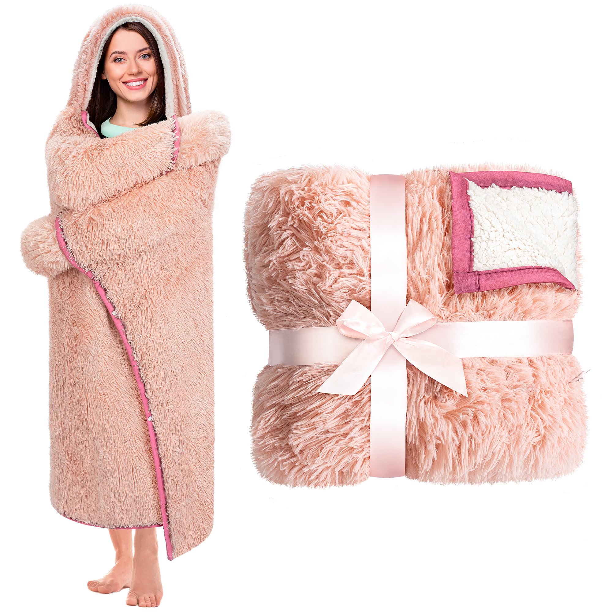 Amazon.com: Rose Pink Wearable Throw Blanket Hoodie for Women- Thick ...