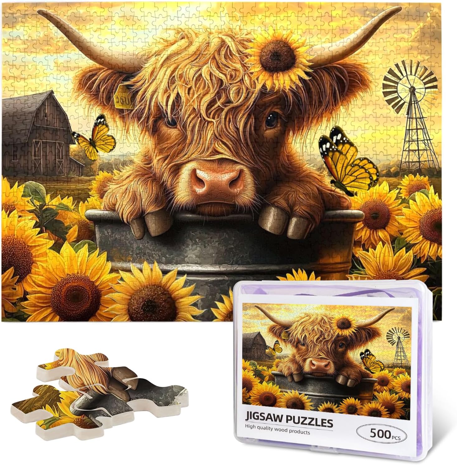Amazon.com: Highland Cow Puzzle 500 Pieces Sunflower Animal Puzzles for ...