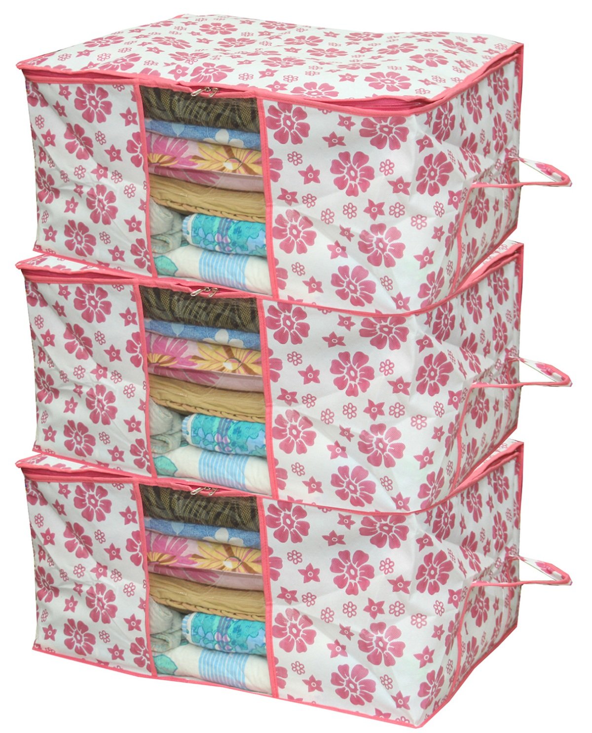 Kuber Industries 3 Piece Non Woven Under Bed Storage Organiser, Pink ...