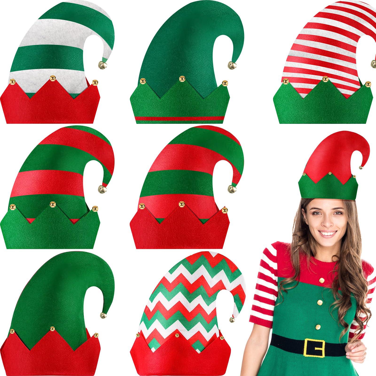 Amazon.com: Tkifoda 8 Pack Christmas Elf Hats, Green Red Elf Felt Hats ...