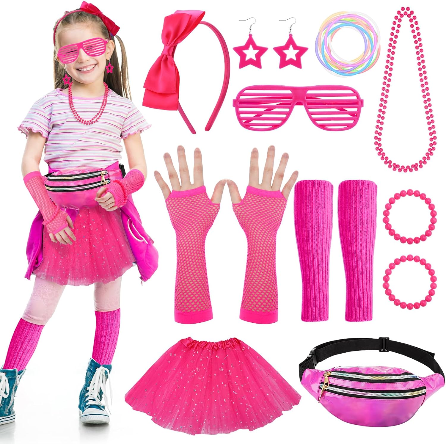 Provone 23Pcs 80s Outfits Accessories Girls Women Neon Tutu Fancy ...