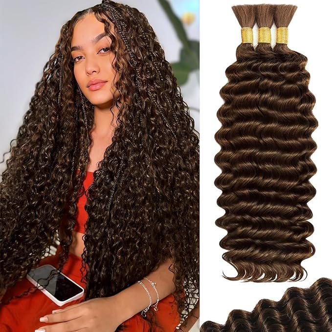 Chocolate Brown Braiding Hair Deep Wave Bulk Human Hair 120g 18 Inch 3 ...