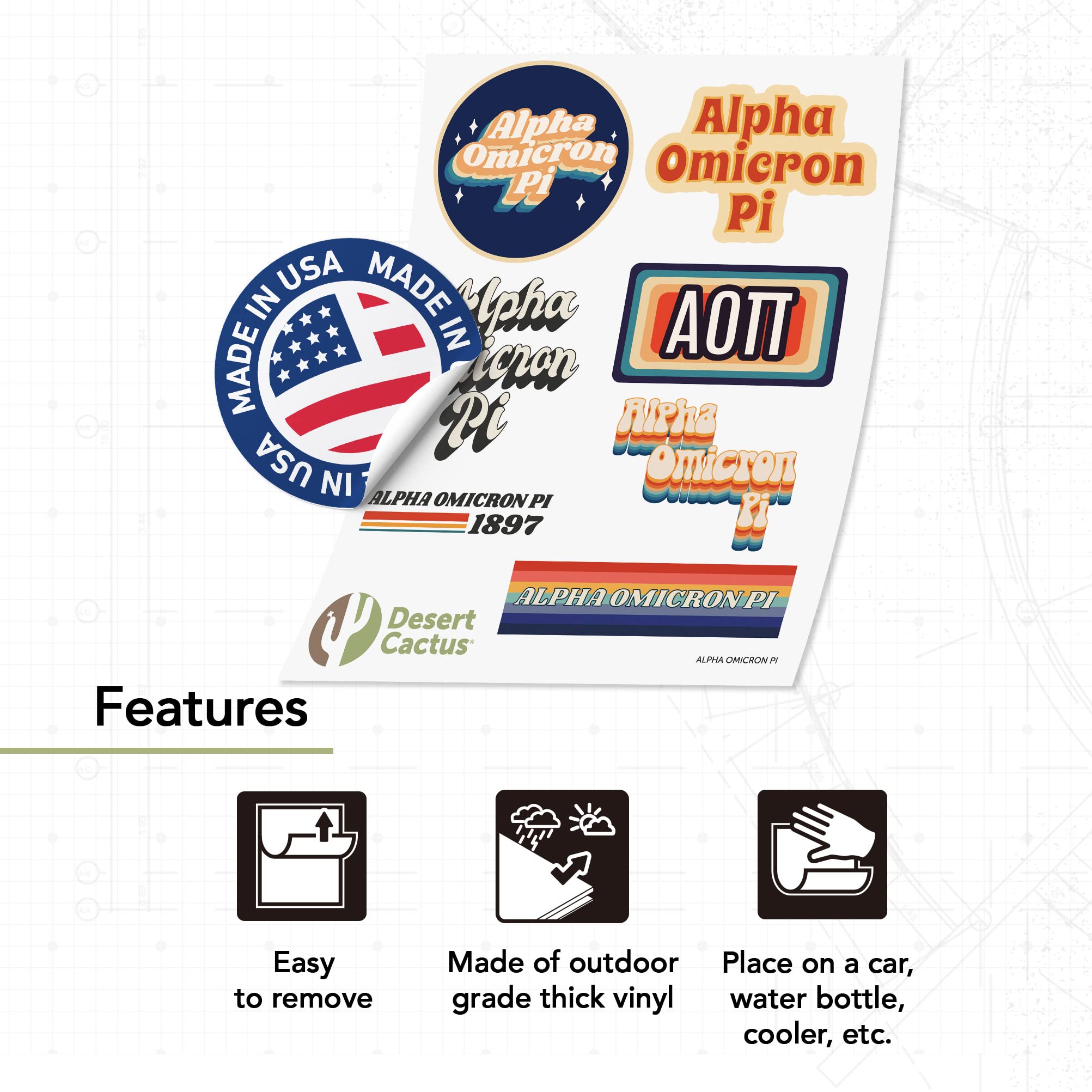 Snapklik.com : Desert Cactus Alpha Omicron Pi 70s Themed Sticker Sheet ...