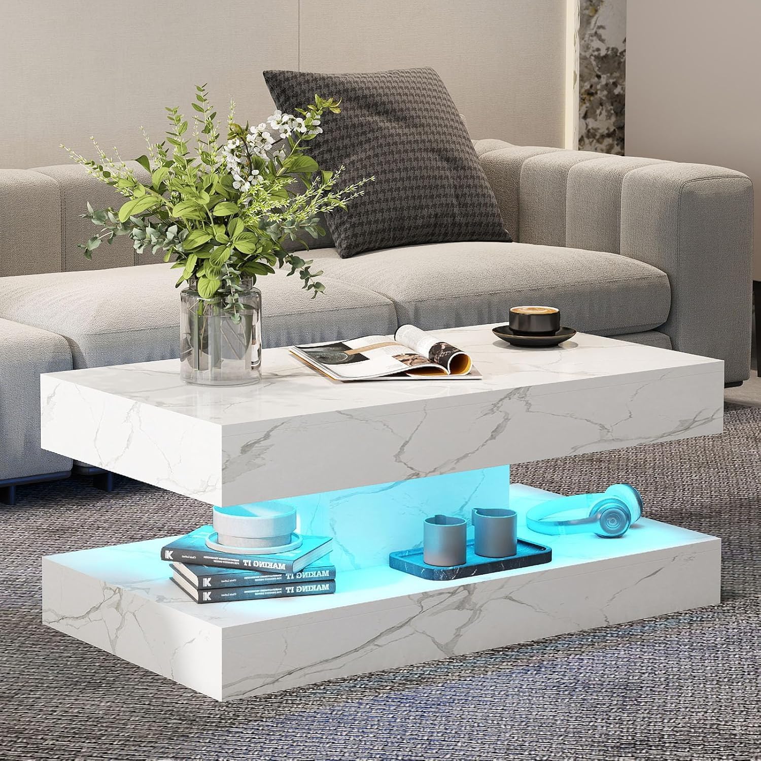 COSVALVE White Marble Coffee Table for Living Room with 24 Colors LED ...
