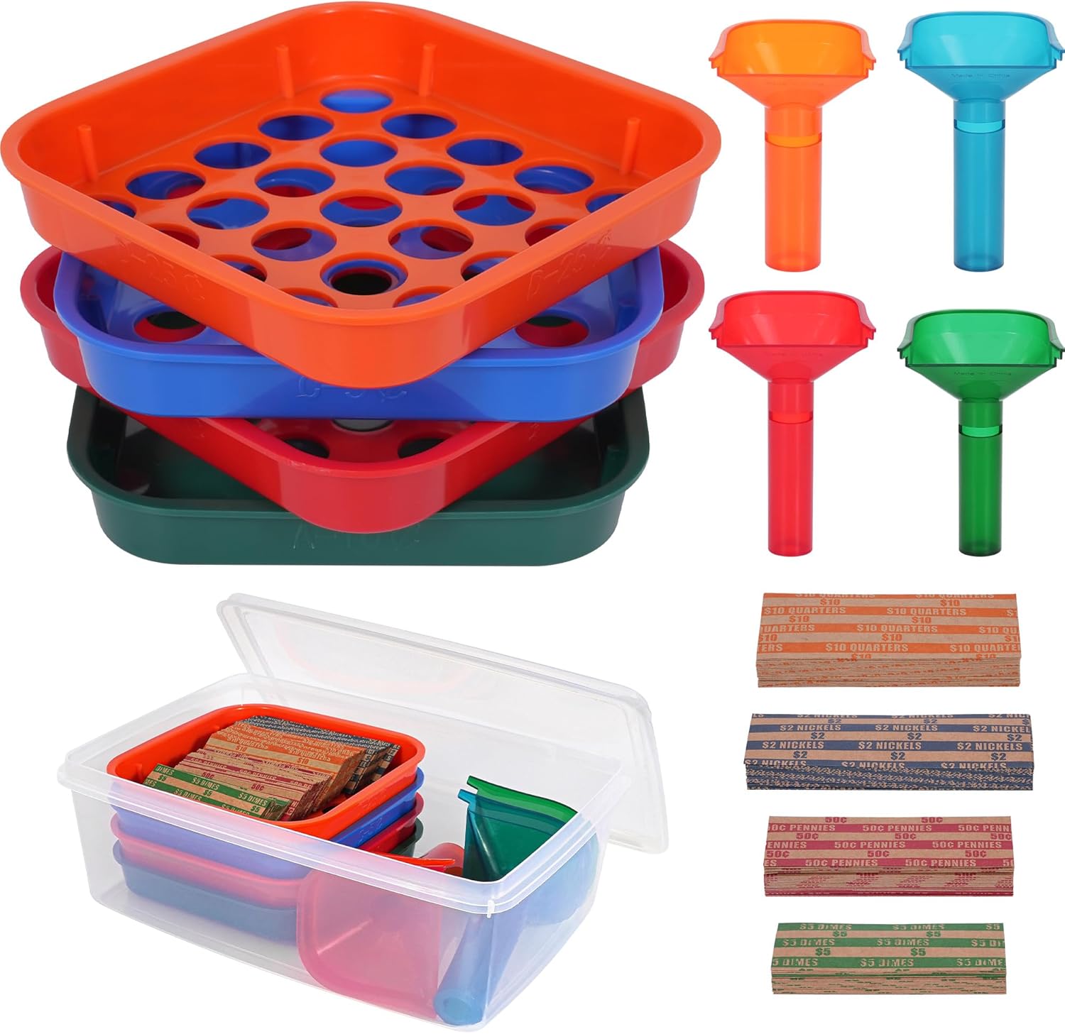 PONNOR Coin Sorter Trays & Coin Counter Tubes, 4 Color Coded Coin ...