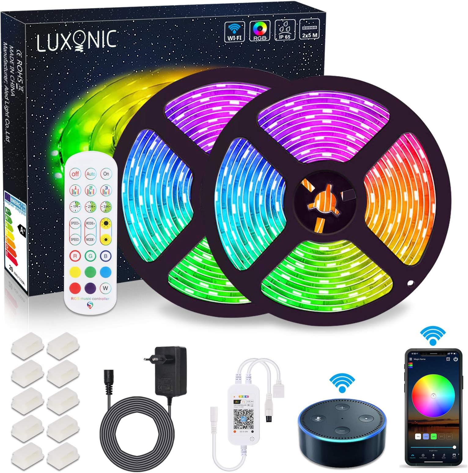 LUXONIC Striscia LED 10 Metri, Strisce LED WiFi (2 x 5M) RGB Colorati ...
