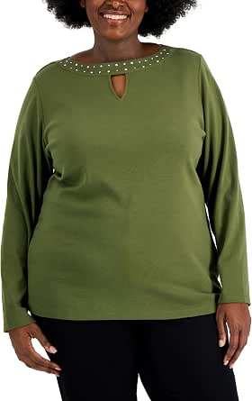 Karen Scott Plus Size Cotton Rhinestone-Embellished Keyhole-Cutout Top ...