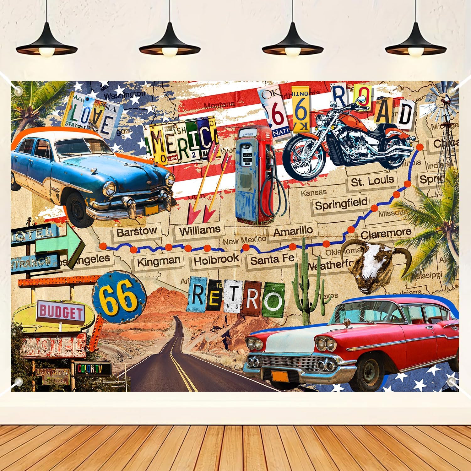 Amazon.com : HANYING Vintage Route 66 Backdrop,Classic Car Motorcycle ...