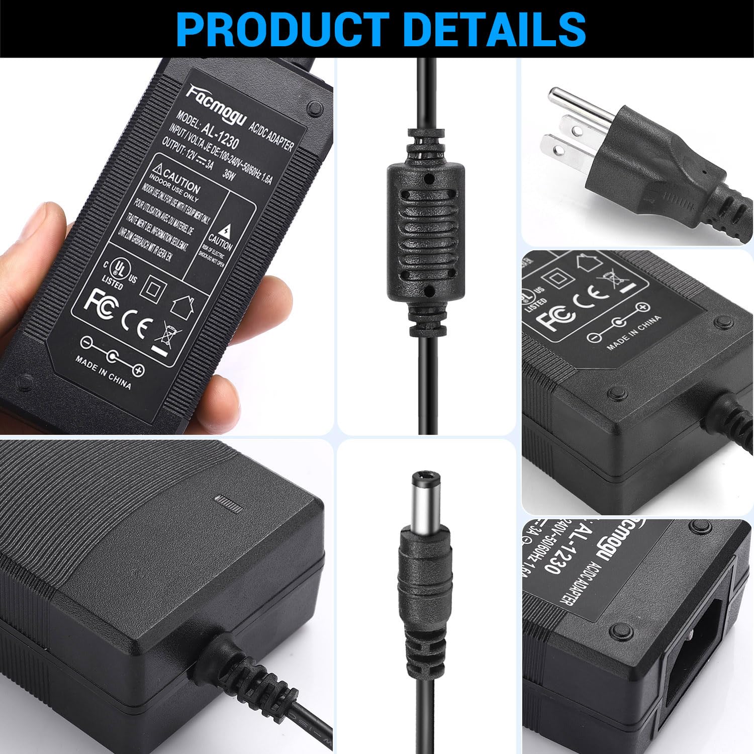 Power Supply Facmogu 3 Prong DC 12V 3A 36W AC To DC Power Adapter ...
